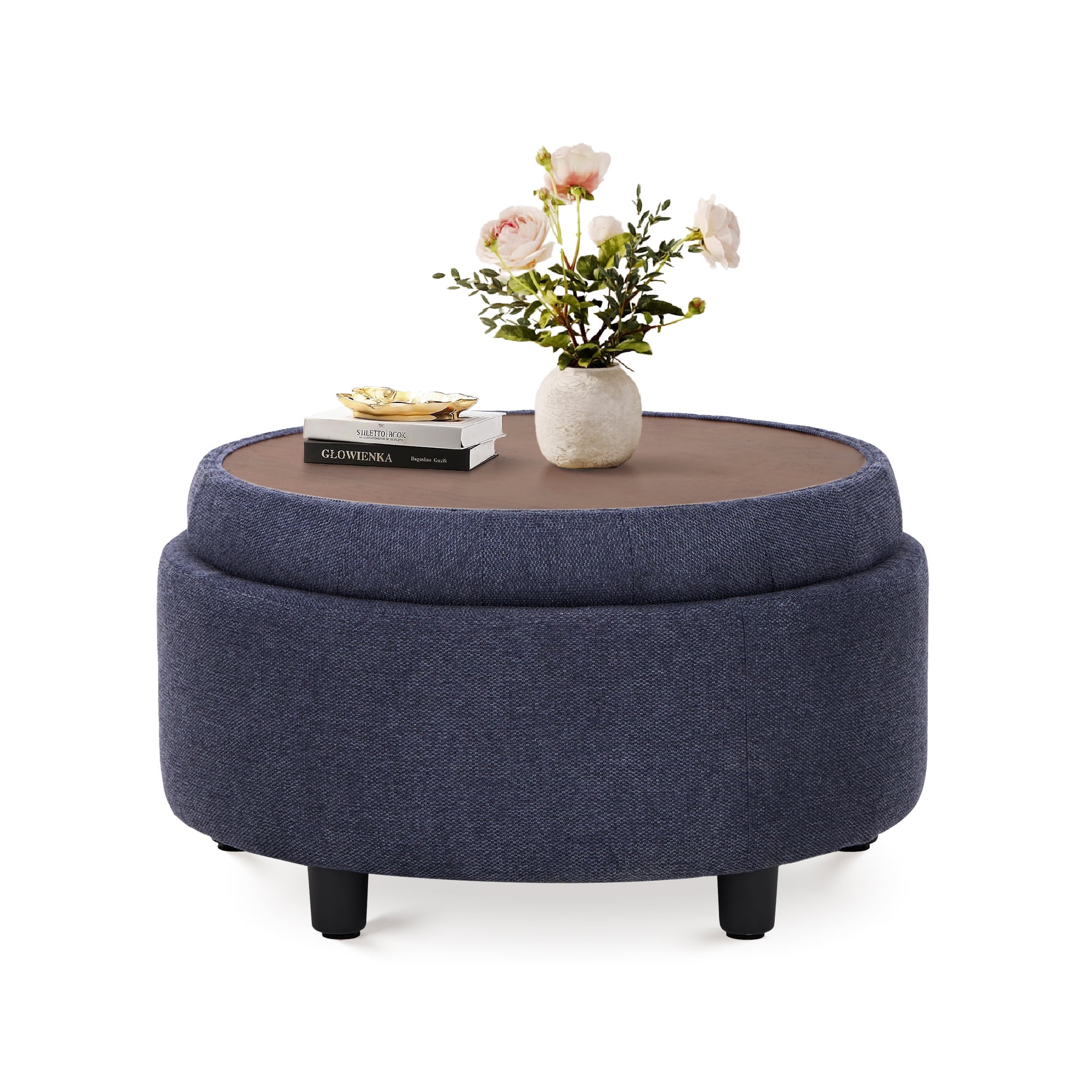 Blue Round Ottoman with Storage and Reversible Tray, Upholstered Fabric ...