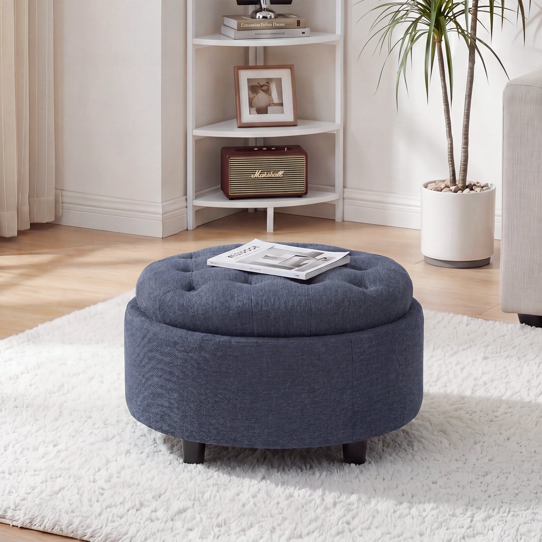 Blue Round Ottoman with Storage and Reversible Tray, Upholstered Fabric ...