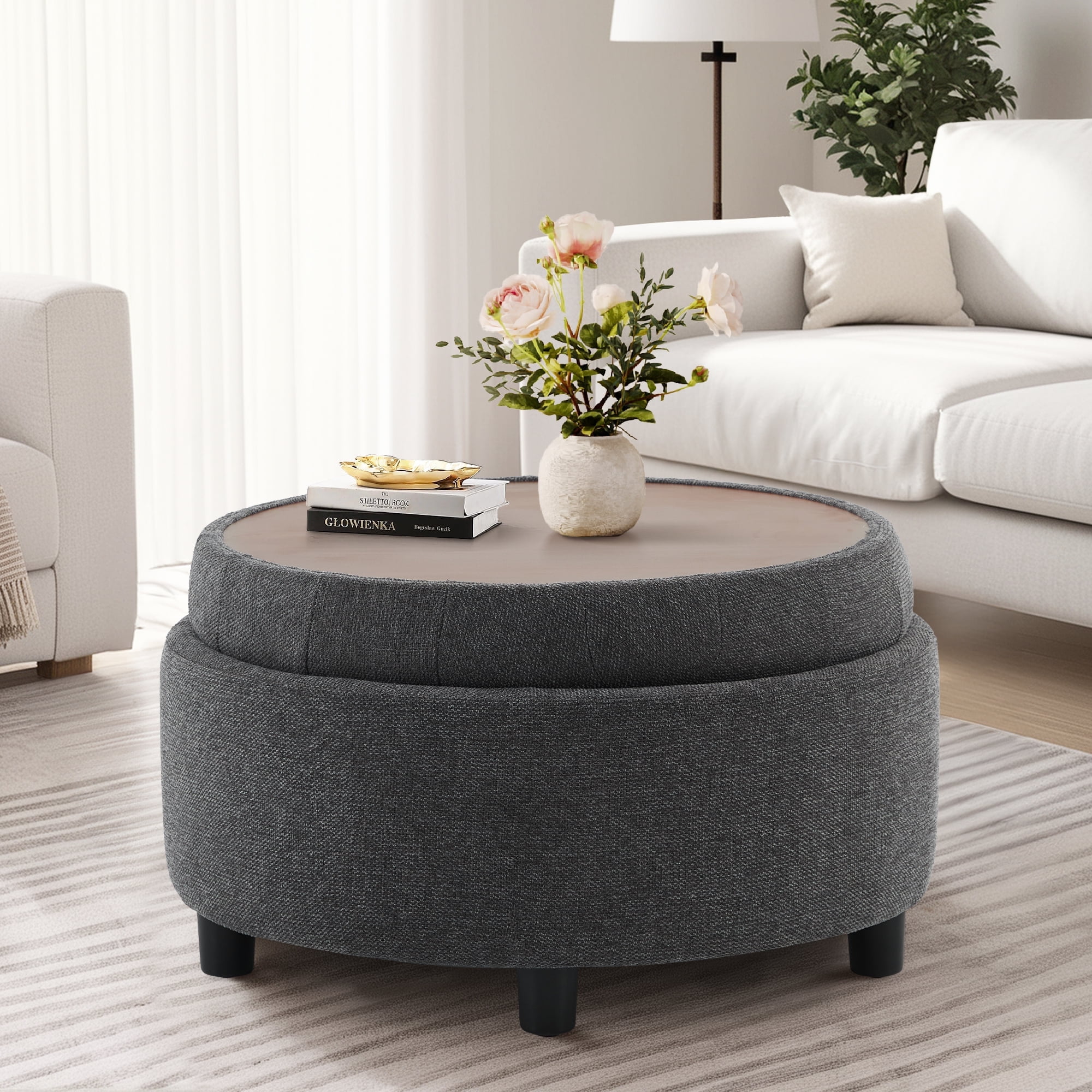 Darkgrey Round Ottoman with Storage and Reversible Tray, Upholstered ...
