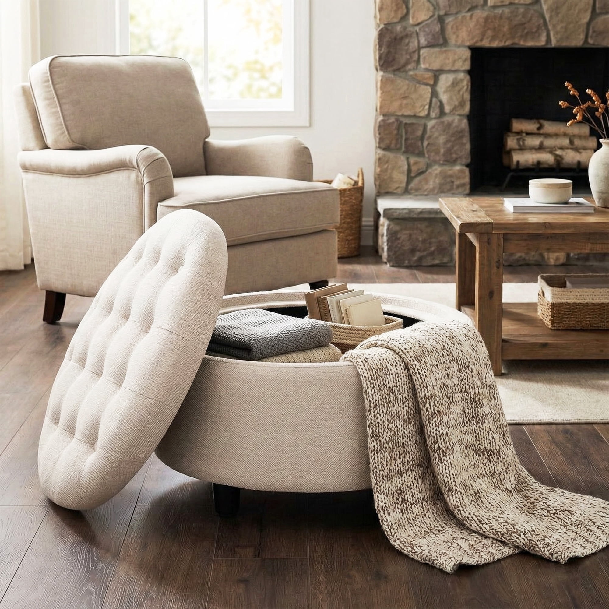 COLAMY Fabric Round Storage Ottoman, Multi-Functional Footrest and ...
