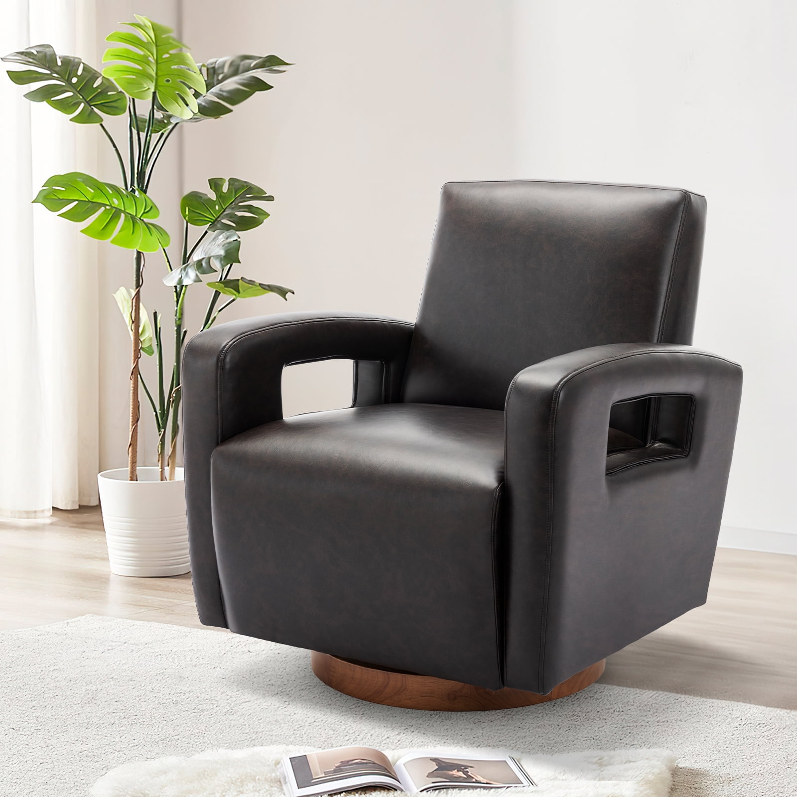 COLAMY Faux Leather Swivel Armchair with Wooden Base, Modern Accent ...