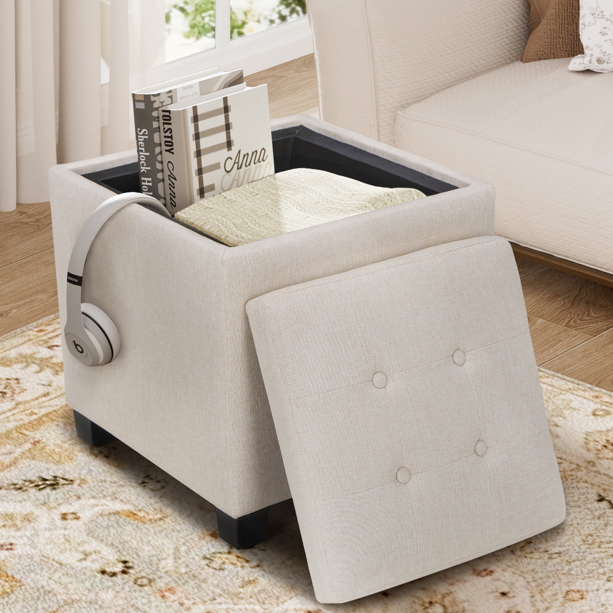 COLAMY Grey Storage Ottoman with Tray Top – Fabric Footrest Stool with ...