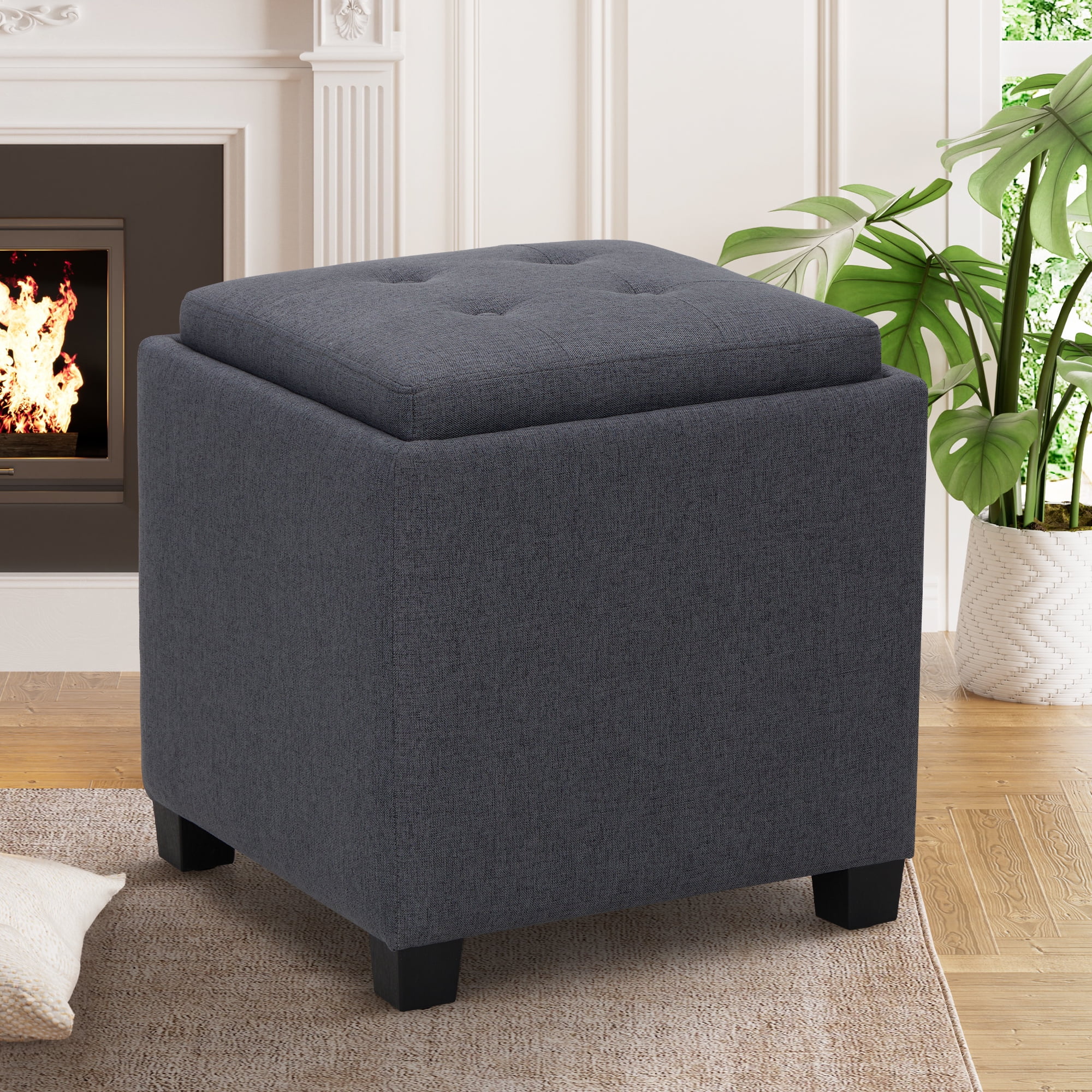 COLAMY Grey Storage Ottoman with Tray Top – Fabric Footrest Stool with ...