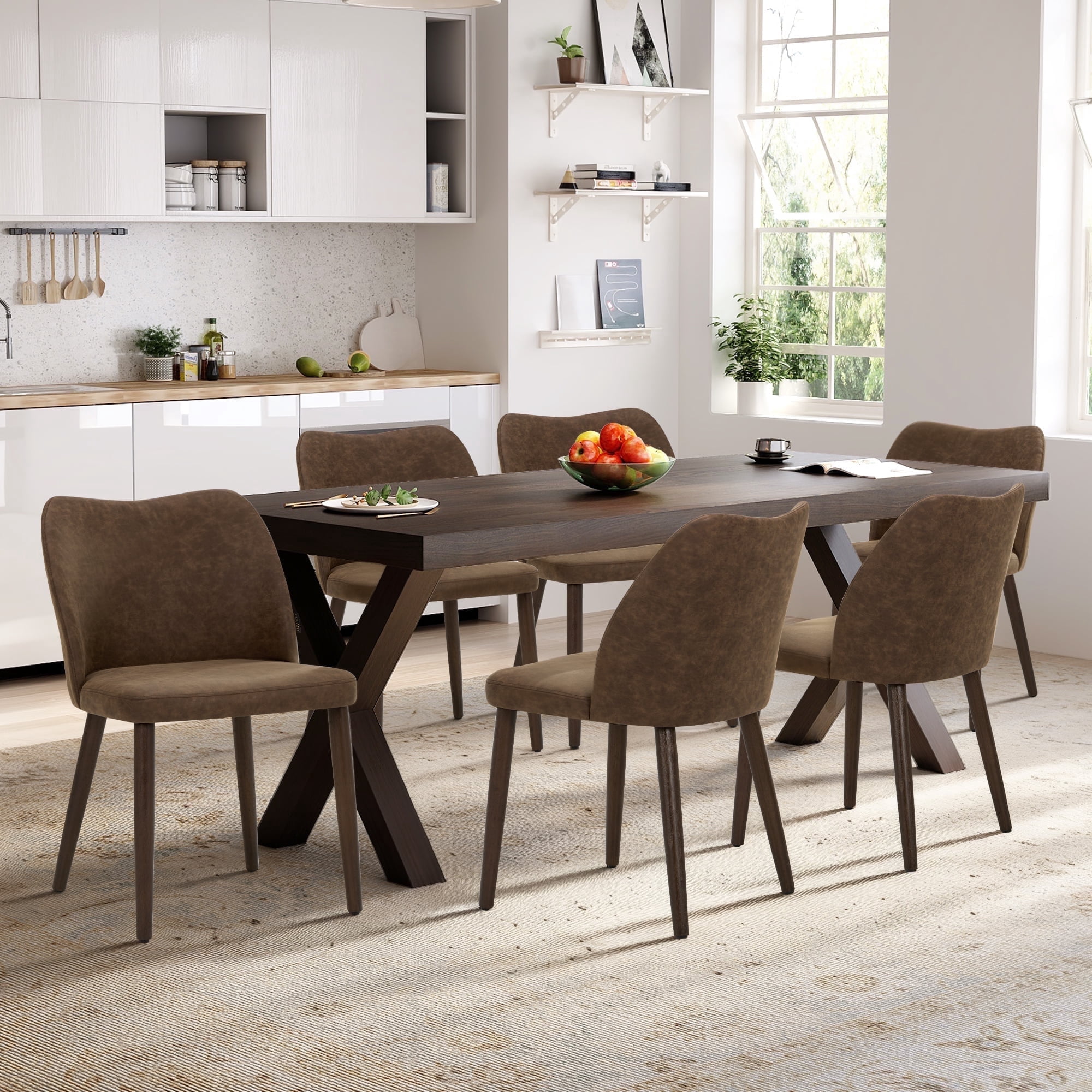 Modern PU Leather Side Dining Chairs with Cushioned Seat and Wooden ...