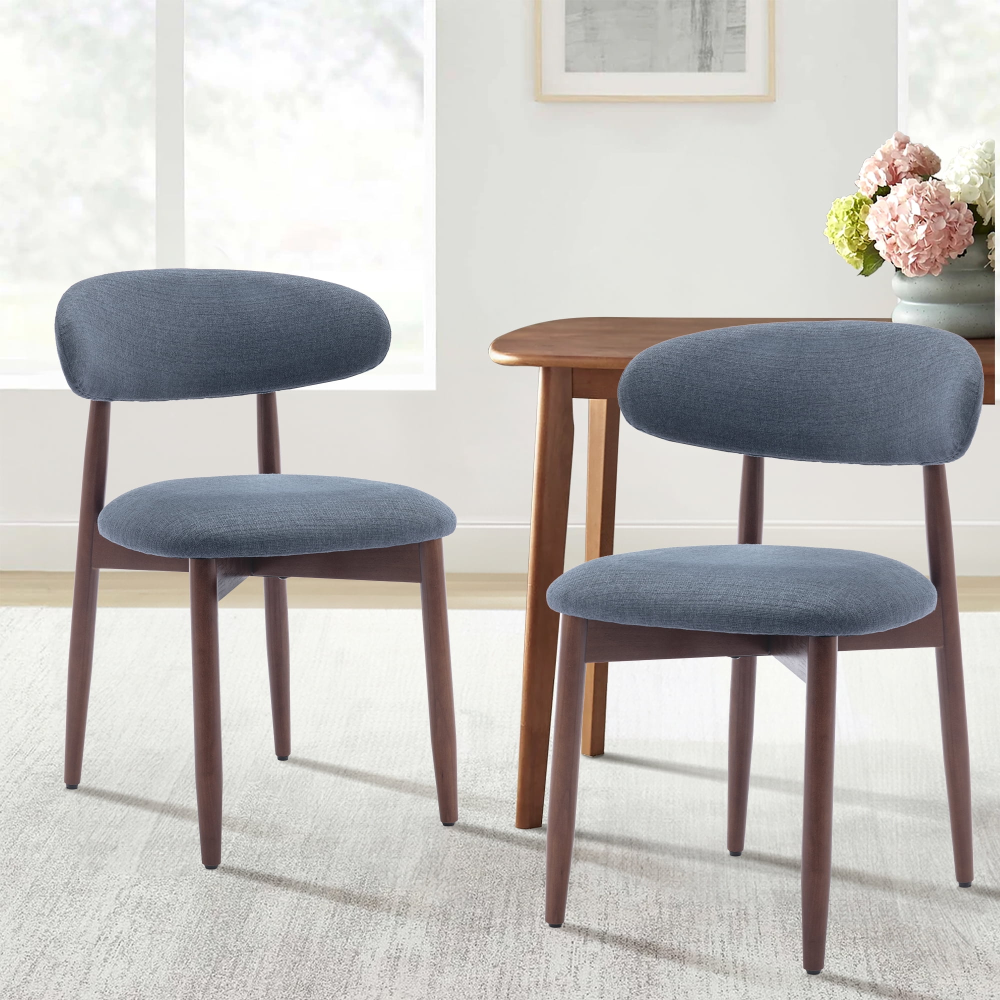 Set of 2 Upholstered Farmhouse Dining Chairs – Fabric Seat, Solid Wood ...