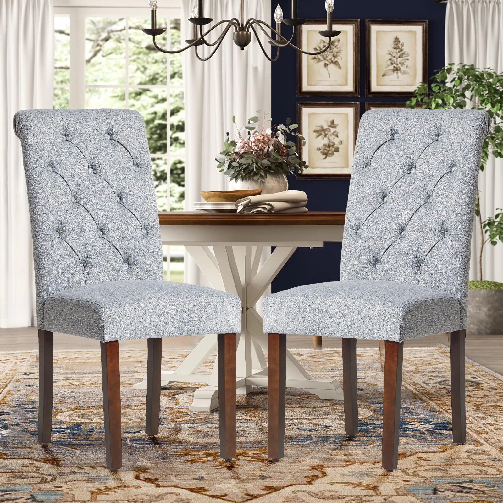 COLAMY Tufted Fabric High Back Dining Chair, Rolled Back Kitchen Chair ...