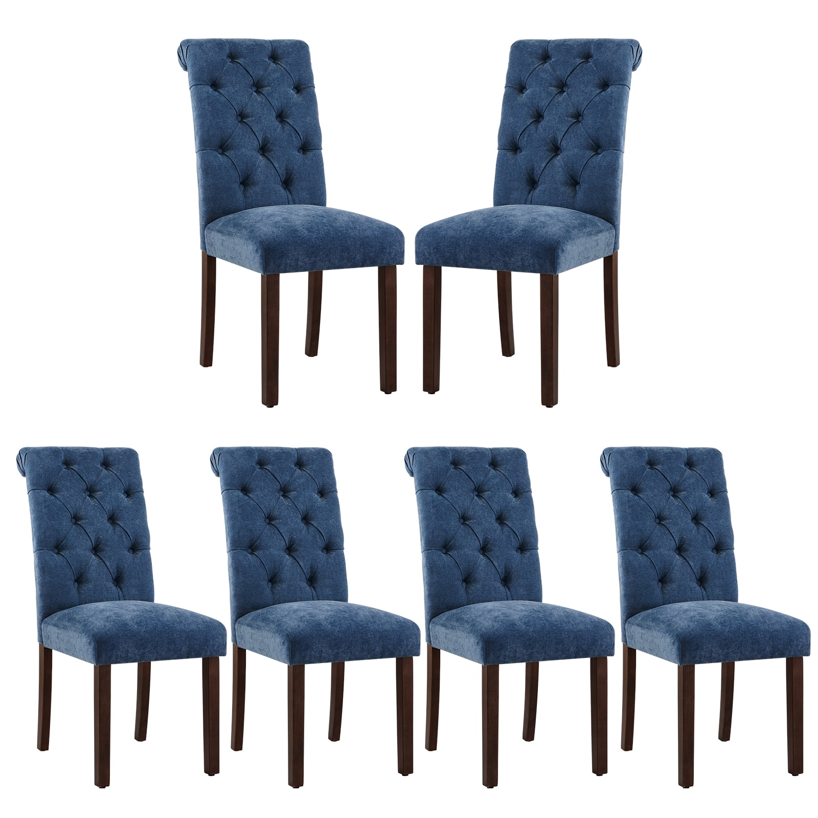 COLAMY Tufted Fabric Dining Chair Set of 6, Rolled Back Kitchen Chair ...