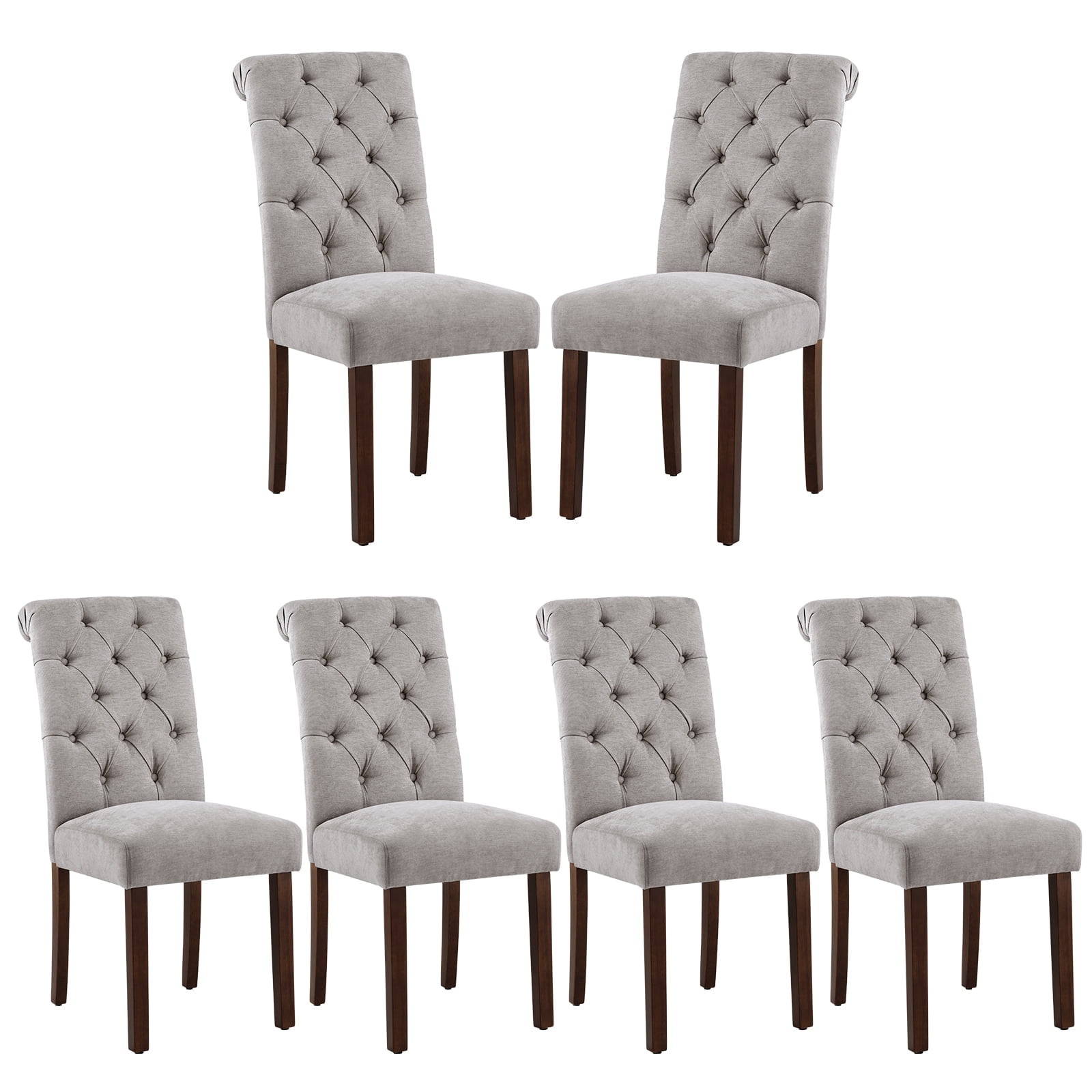 COLAMY Tufted Fabric Dining Chair Set of 6, Rolled Back Kitchen Chair ...
