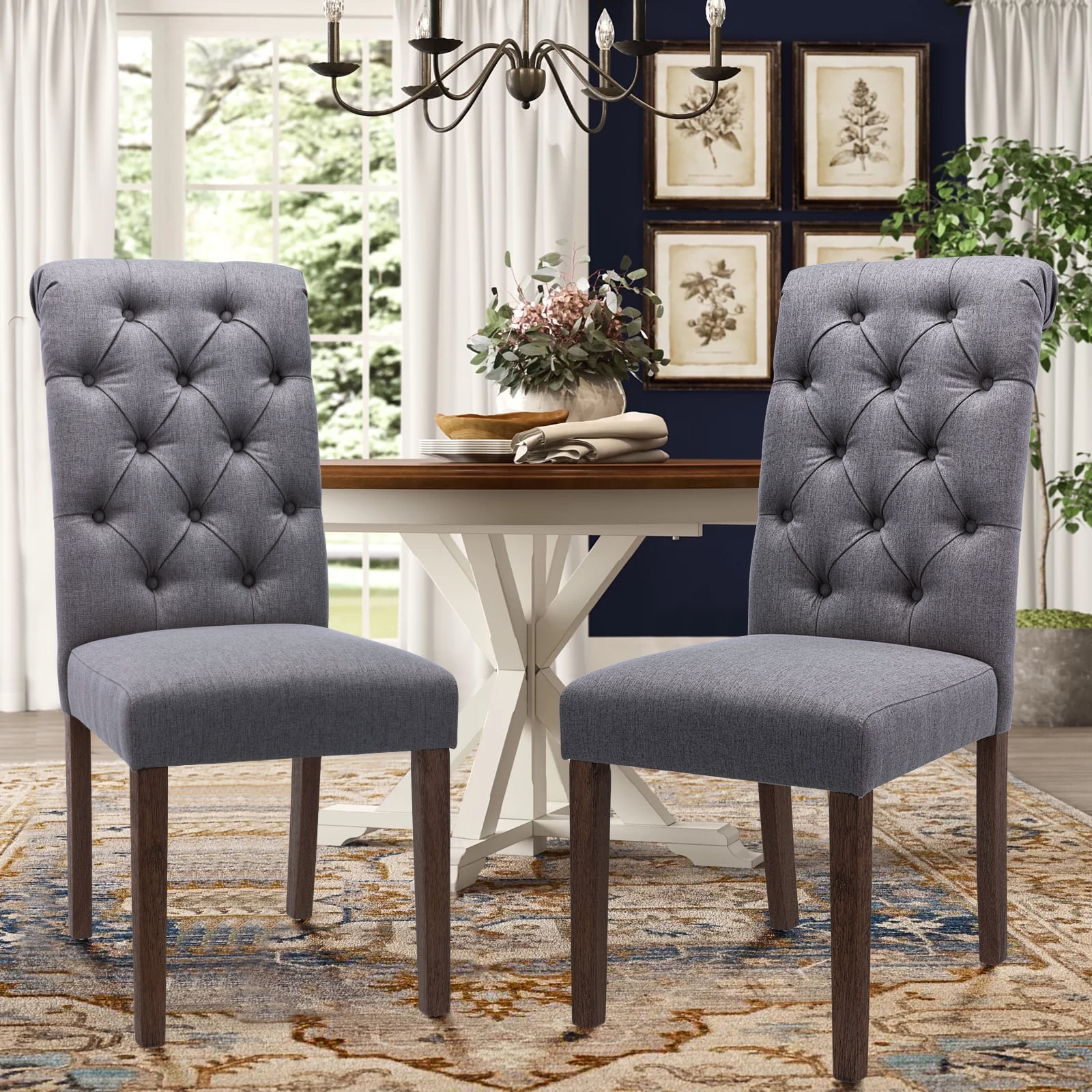 COLAMY Tufted Fabric High Back Dining Chair, Rolled Back Kitchen Chair ...