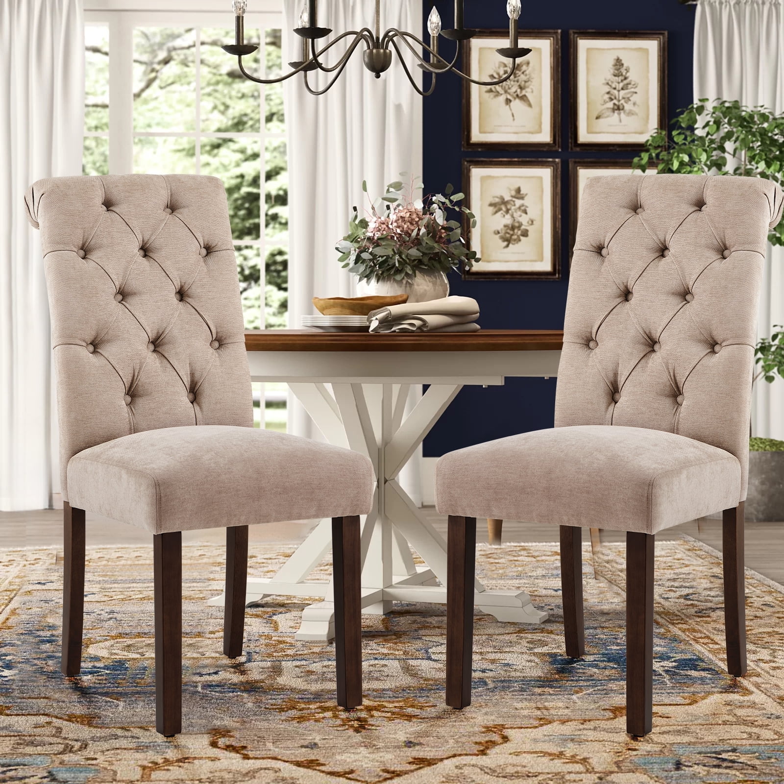 COLAMY Tufted Fabric High Back Dining Chair, Rolled Back Kitchen Chair ...