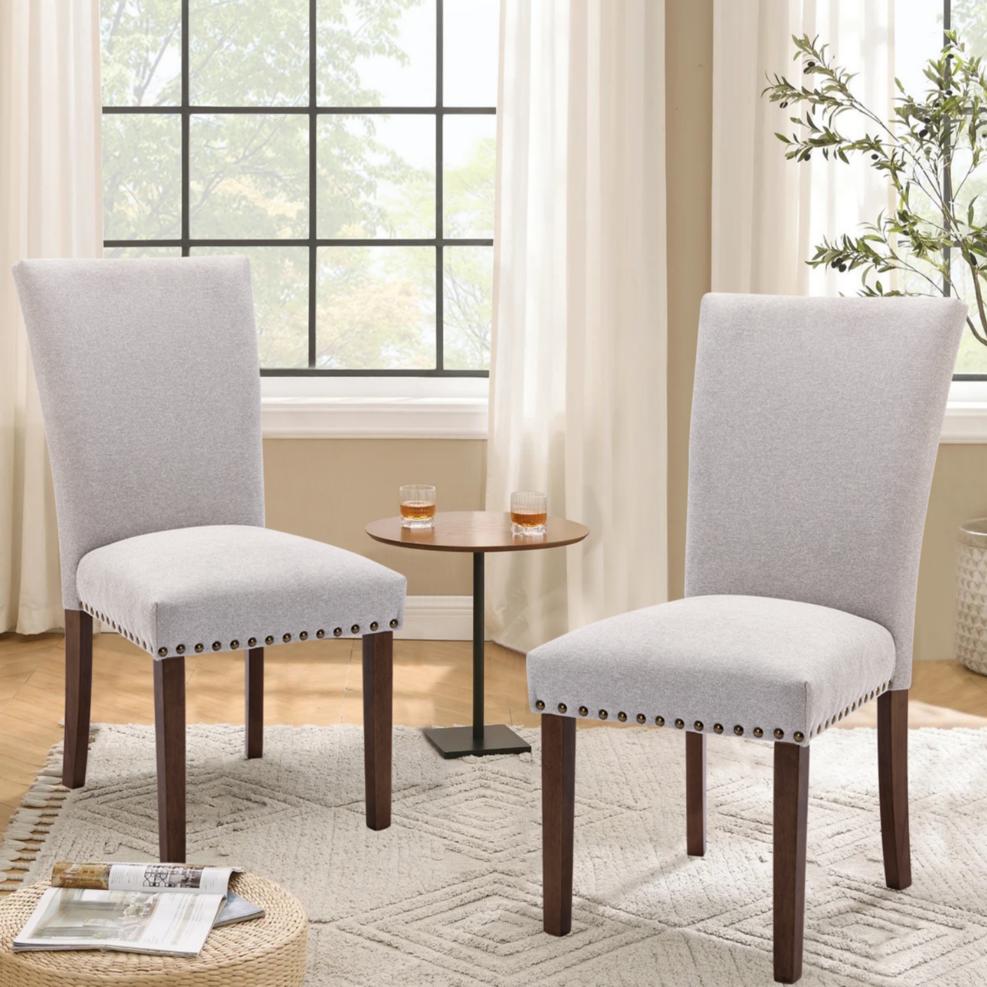Fabric Upholstered Parsons Dining Chairs, Set of 2, Gray with Silver ...