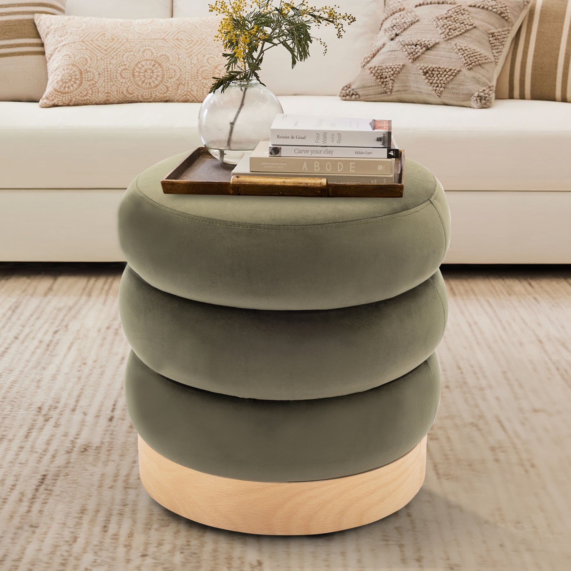 COLAMY Velvet Tufted Ottoman Footstool Versatile Round Pouf and Side Table Green Walmart