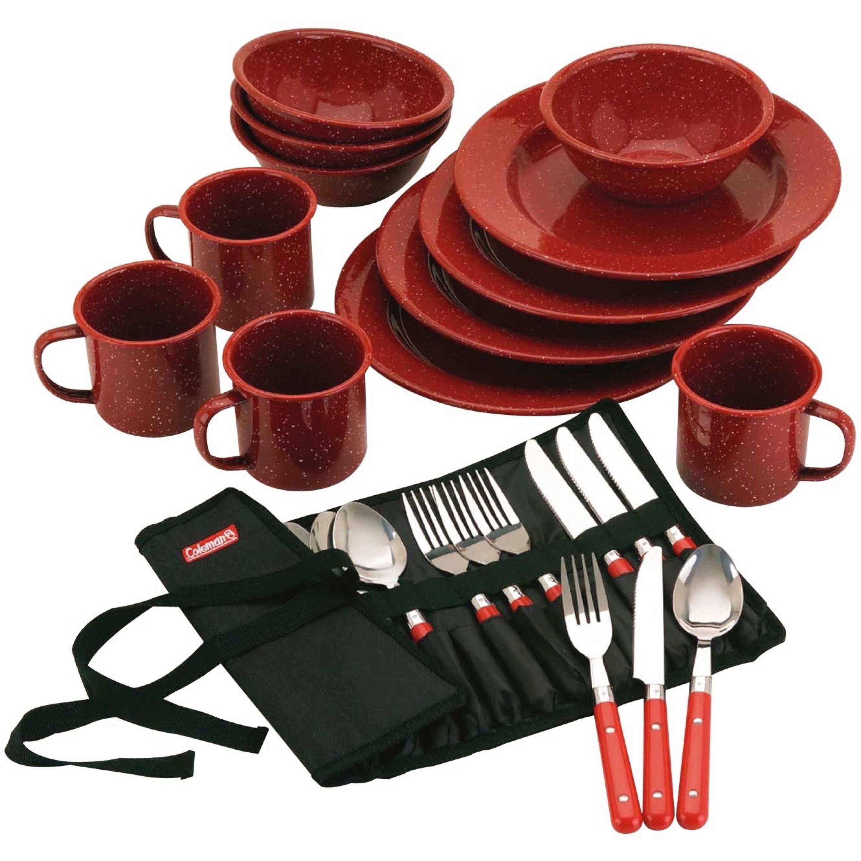 Coleman 24 Piece Enamel Camping Dinnerware Set Dining Utensils Dishware Tableware Kit Red Walmart