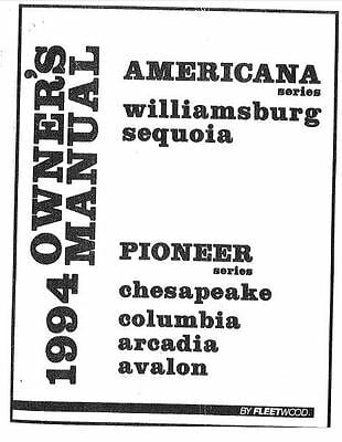 COLEMAN Trailer Owners Manual-1994 Pioneer Columbia Arcadia Avalon ...