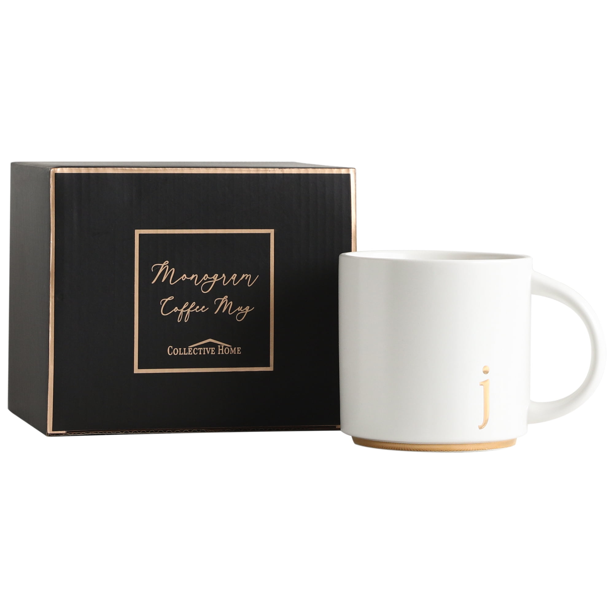 COLLECTIVE HOME - Monogram Ceramic Mugs, 15 oz Golden Initial Coffee ...