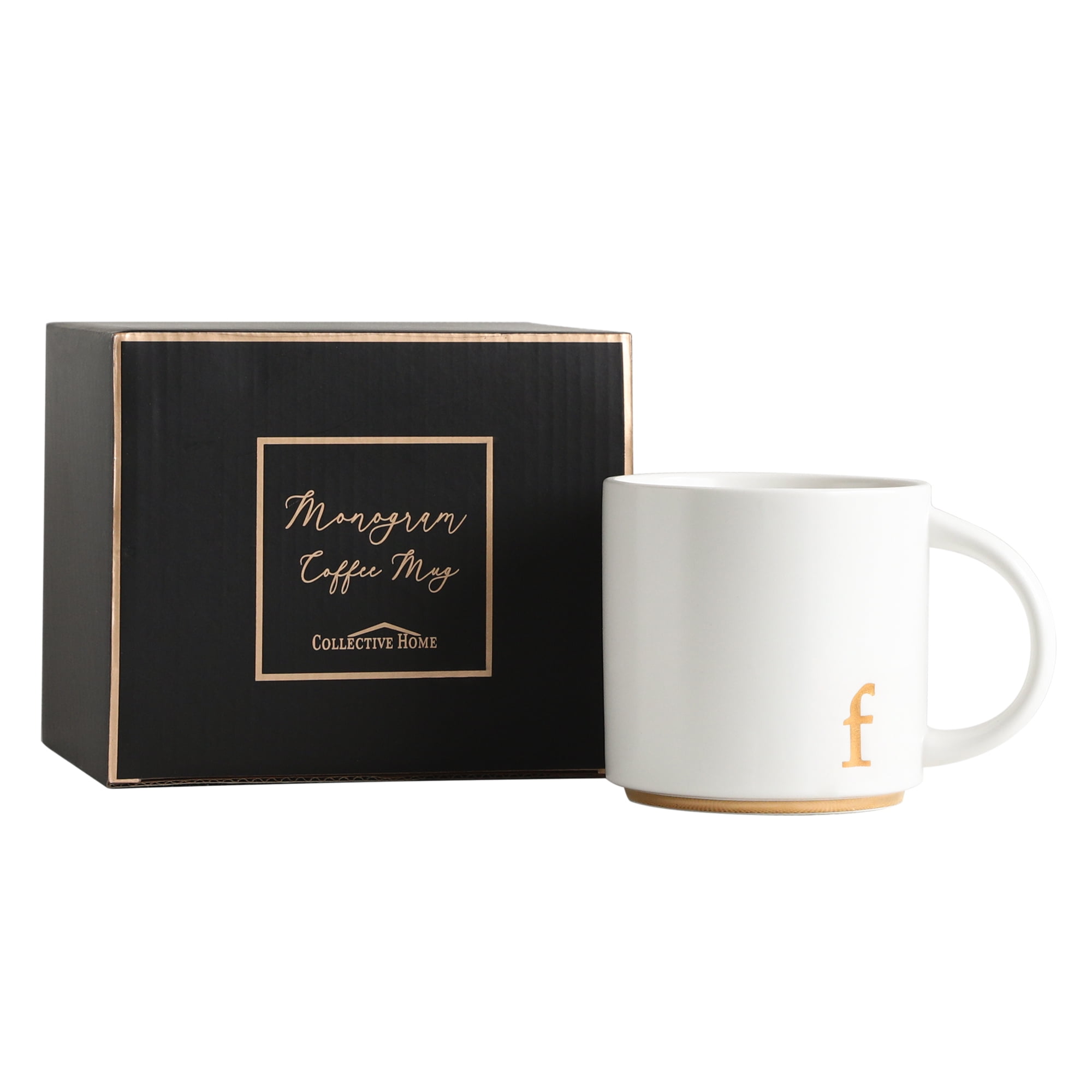 COLLECTIVE HOME - Monogram Ceramic Mugs, 15 oz Golden Initial Coffee ...