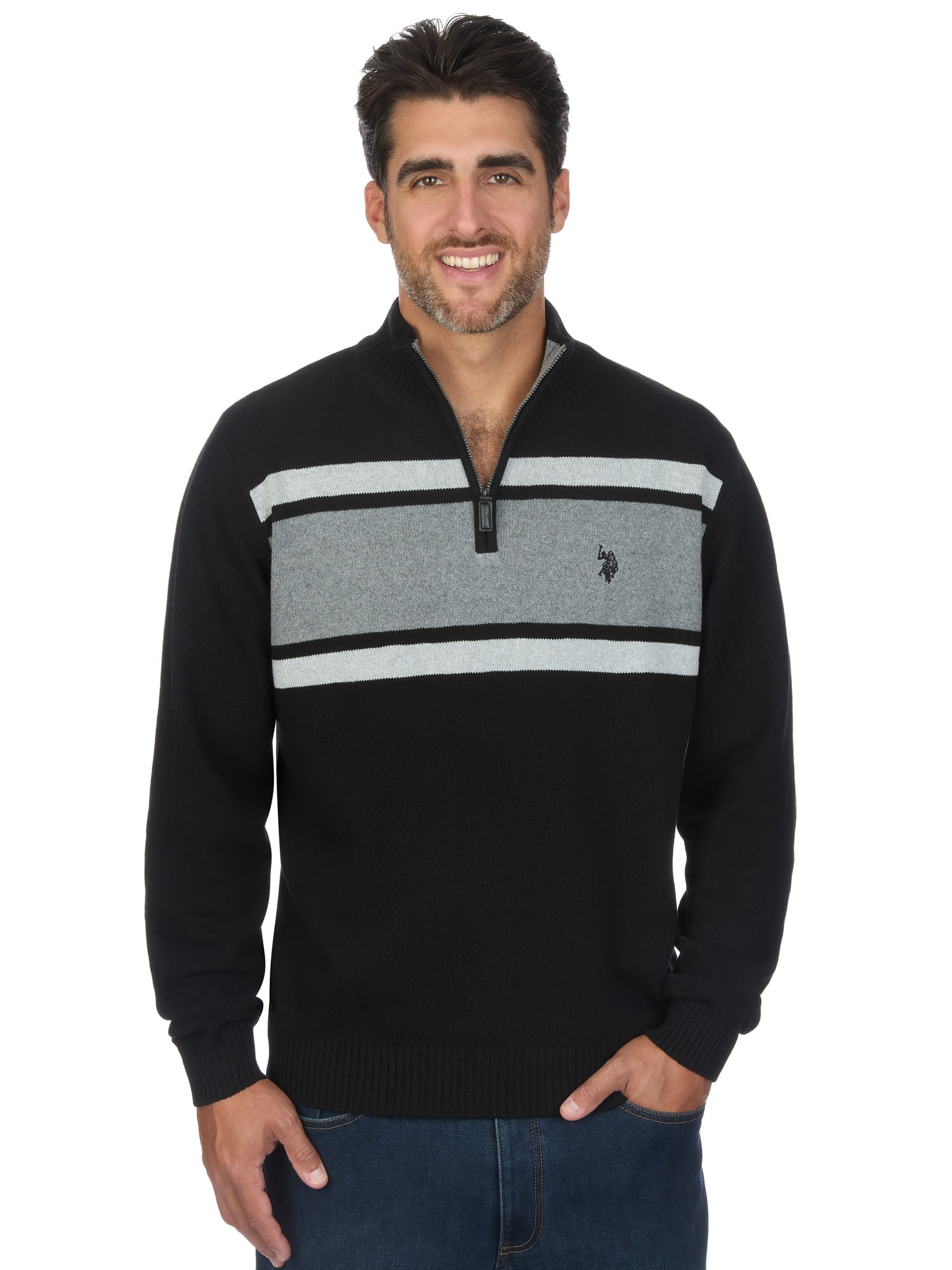 U.S. Polo Assn. Men's Chest Stripe Quarter Zip Sweater - Walmart.com