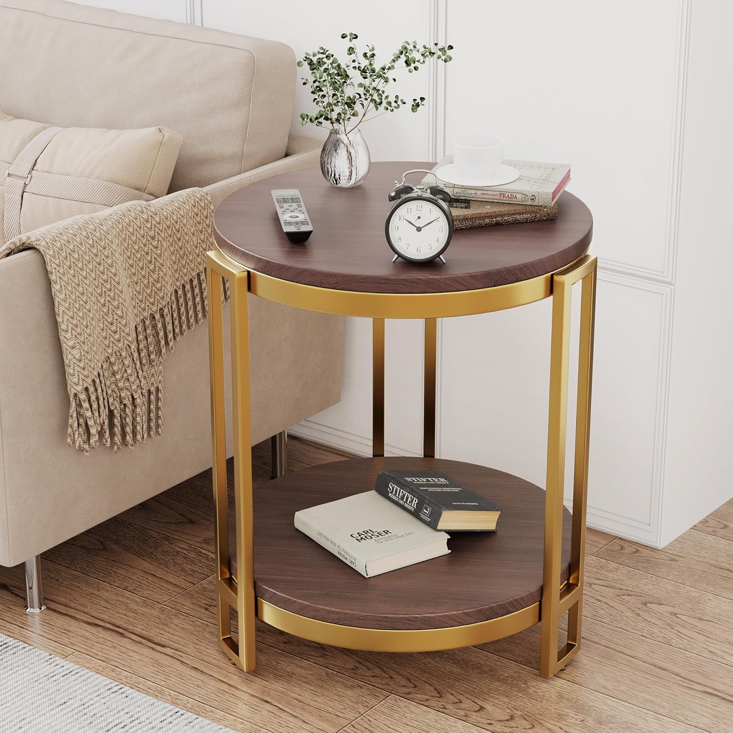 COLOUR Industrial End Table, 2-Tier Wood Look Round Side Table, Small ...