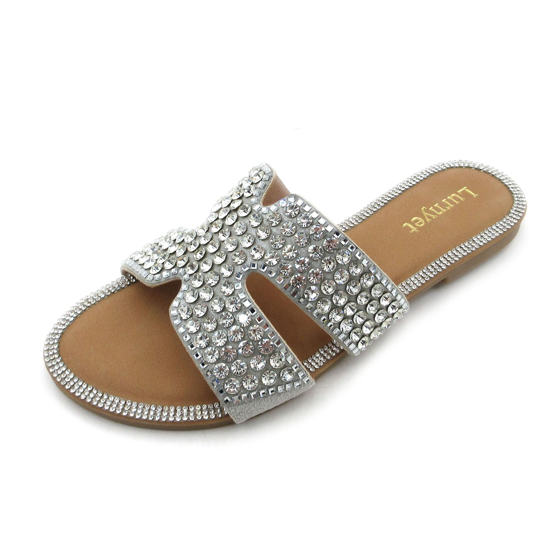 COM STAR Women's Flat Sandals - Rhinestone Embellished Black PU Comfort ...