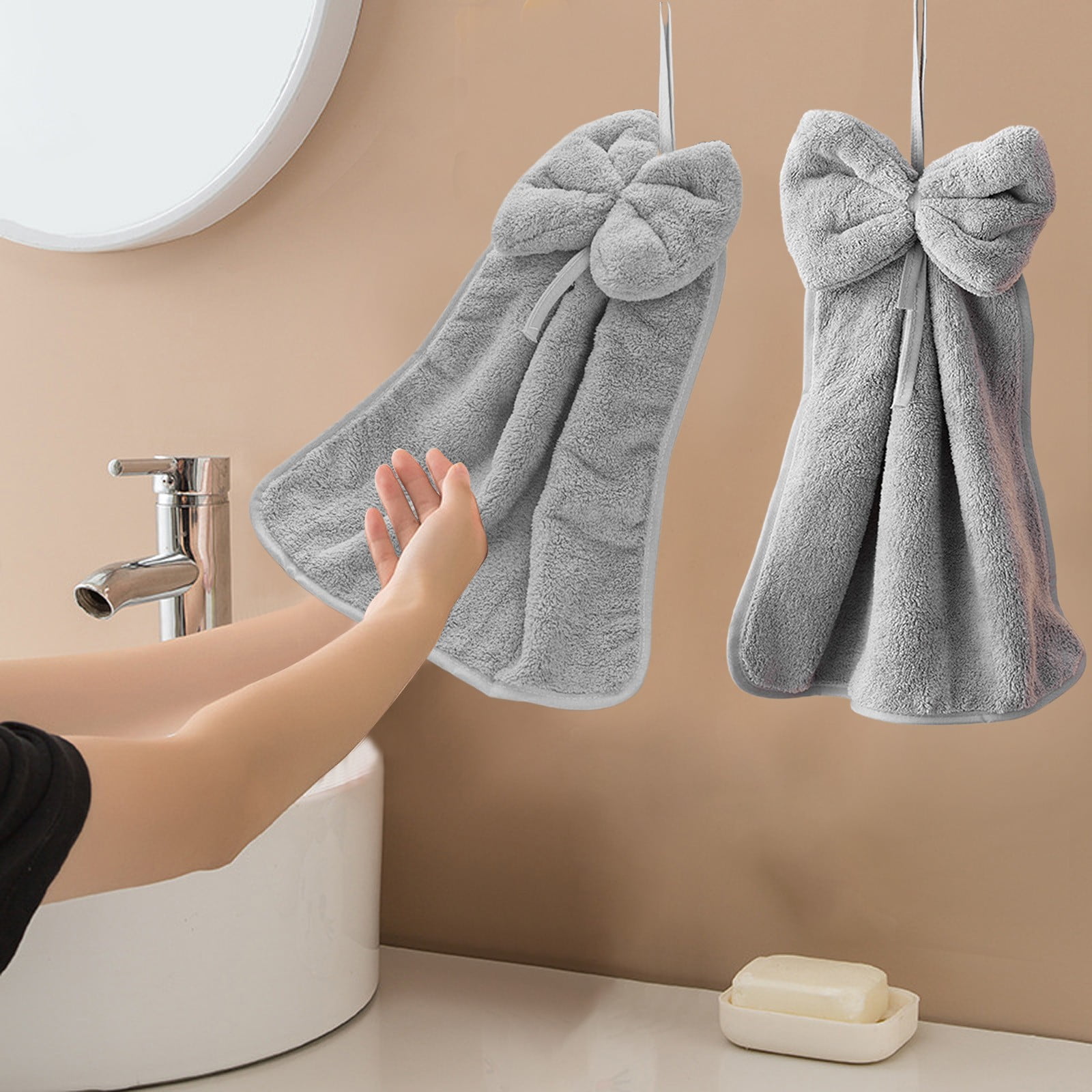 COM1950s 1Pcs Bowknot Hanging Hand Dry Towels,Microfiber Coral Velvet Hand Towels Hanging Loop ...