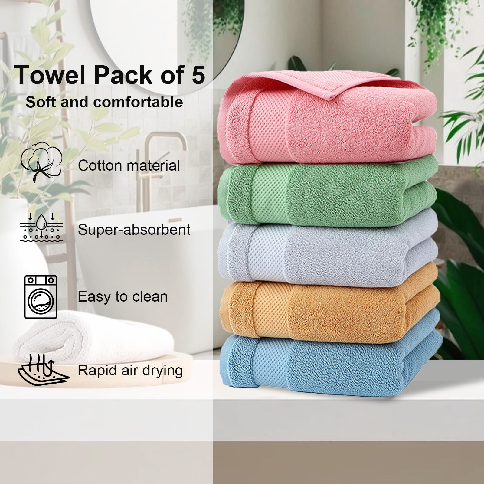 COM1950s Bath Towels Set,5 Pack 100% Cotton Soft Absorbent Towels for ...