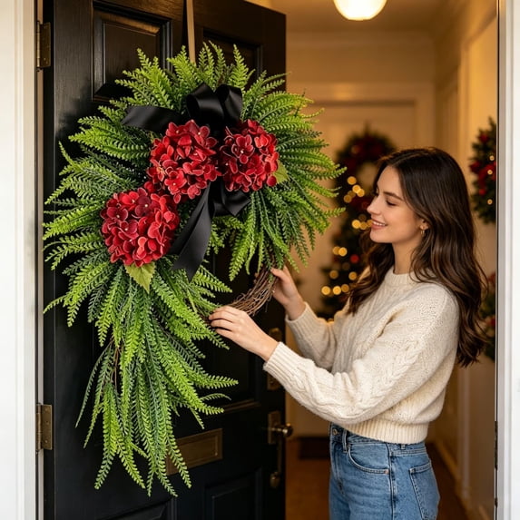 COM1950s Boho Wreath, Spring Door Wreath with Hydrangea Flowers, Double ...