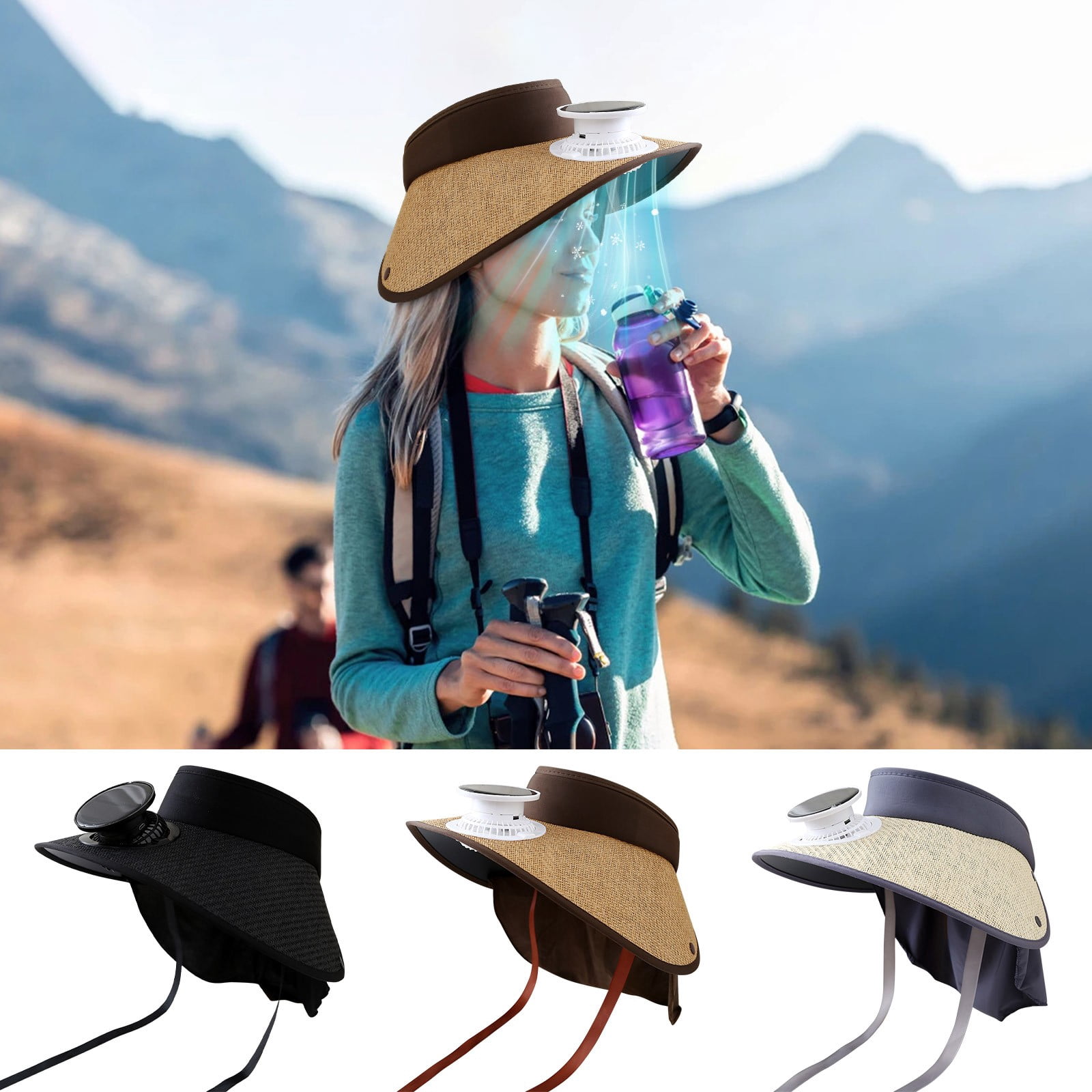 COM1950s Detachable Solar Fan Hat,Wide Brim Cap with Adjustable Cooling ...