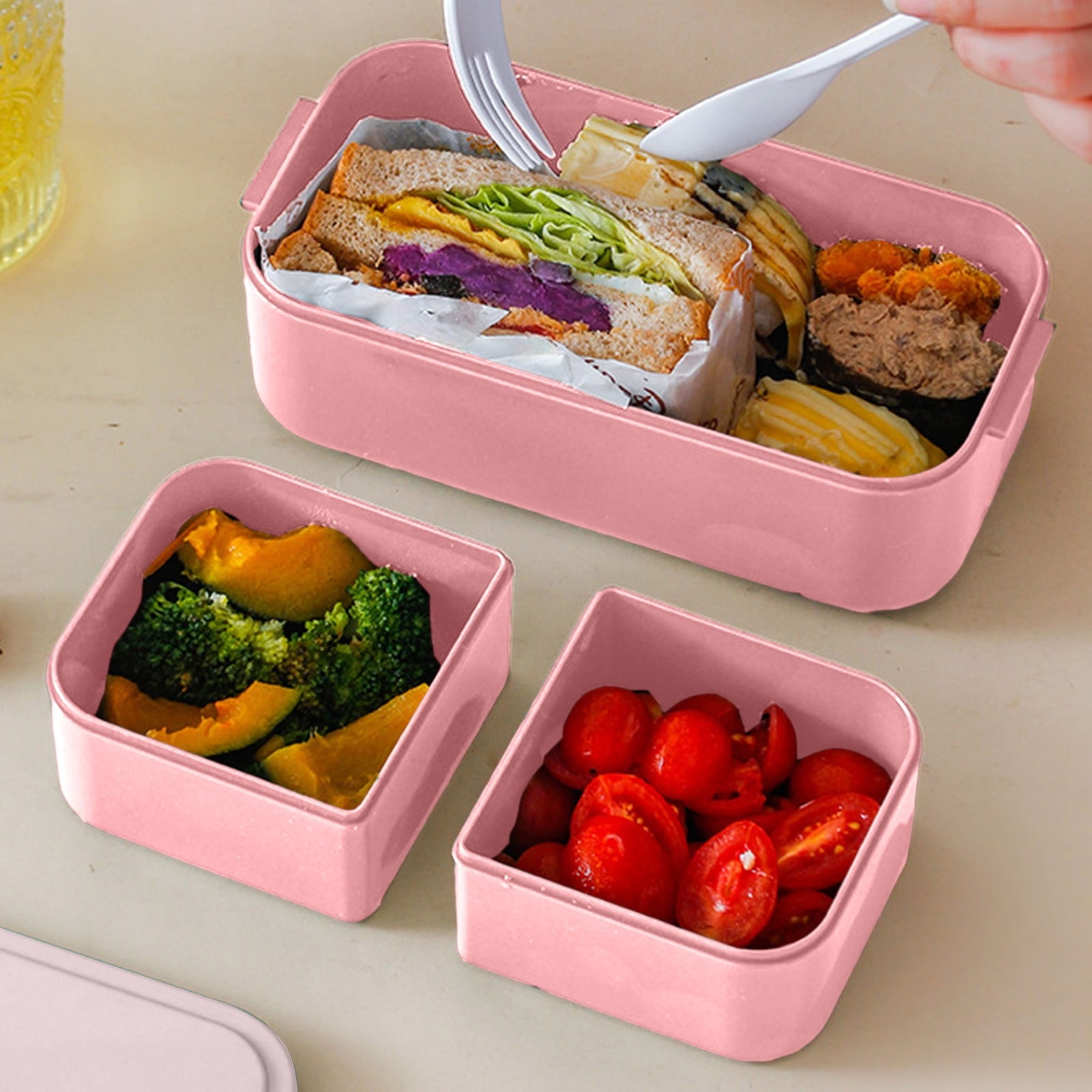 COM1950s Double Layer Bento Box,Microwavable Lunch Container with Utensils,Portable Food Storage ...