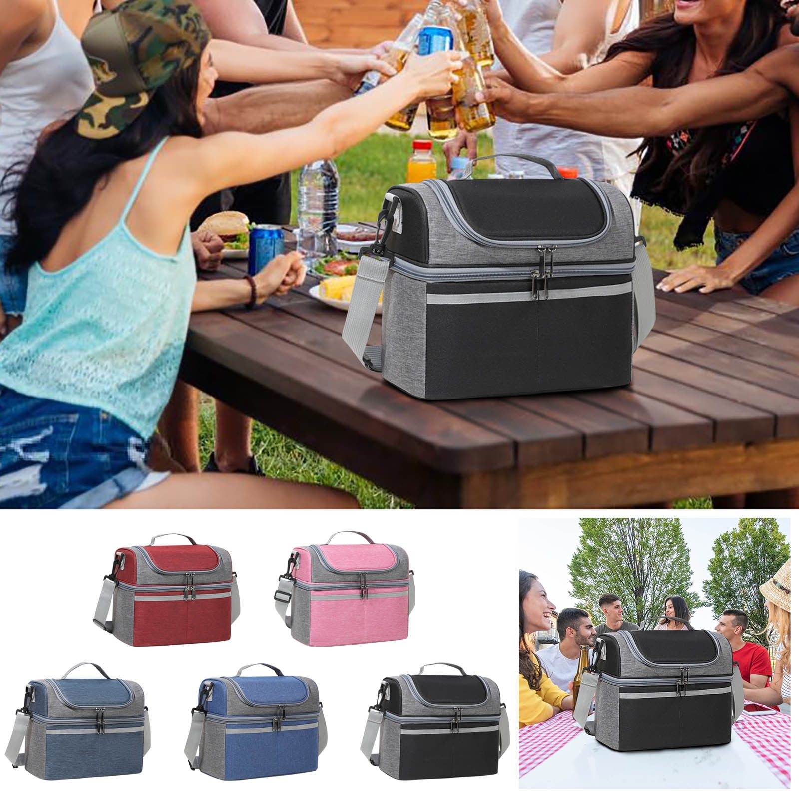 COM1950s Double Layer Insulated Lunch Bag - Leakproof Thermal Bento Box ...