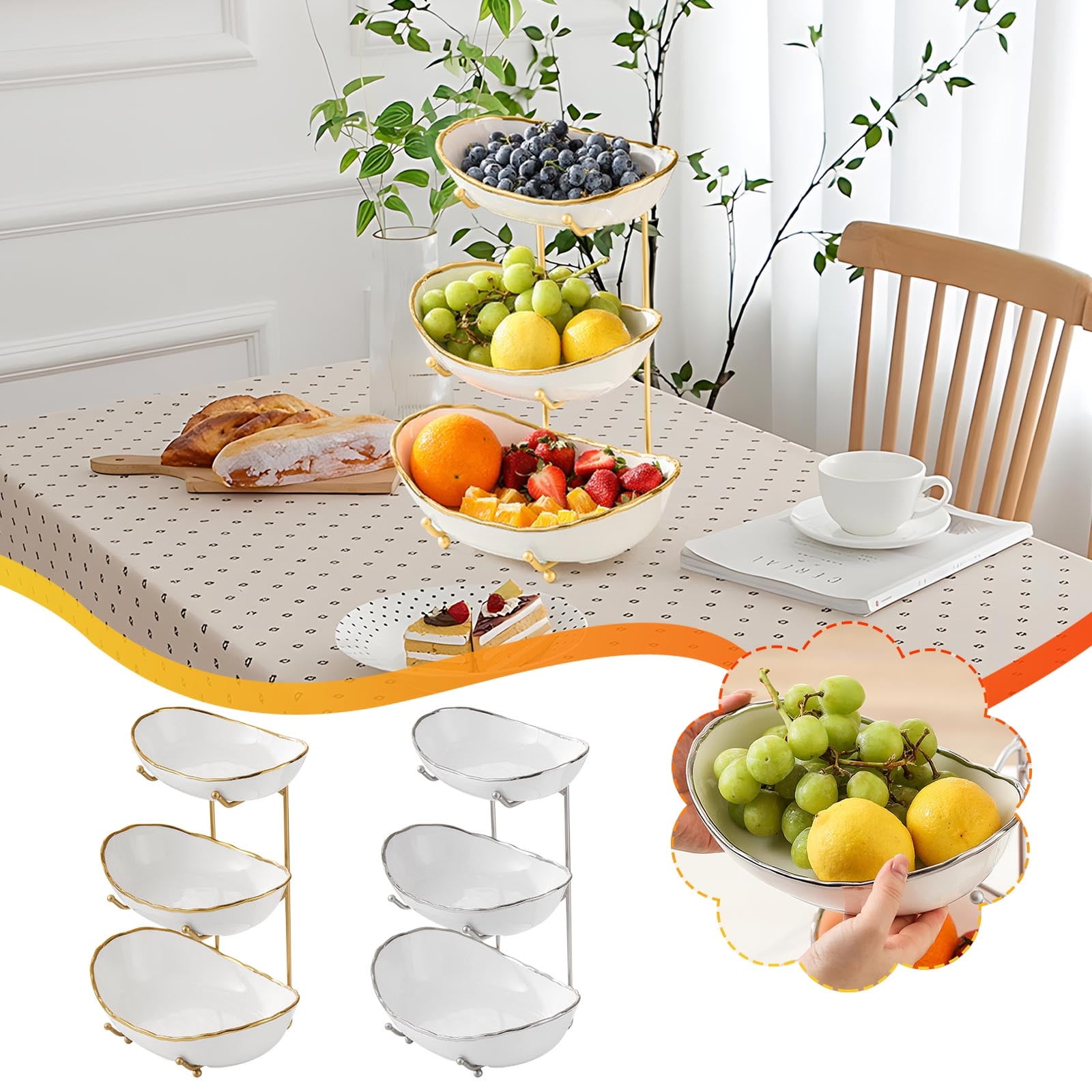 COM1950s Fruit Bowl, 3 Tier Ceramic Fruit Basket, Serving Stand Serving ...