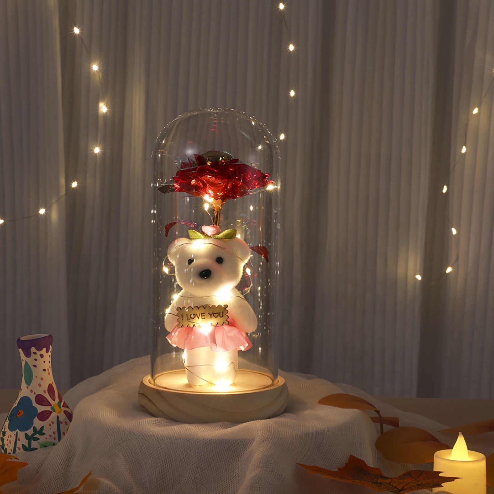 COM1950s Glass Dome Night Light with Preserved Rose and Bear,Warm White ...