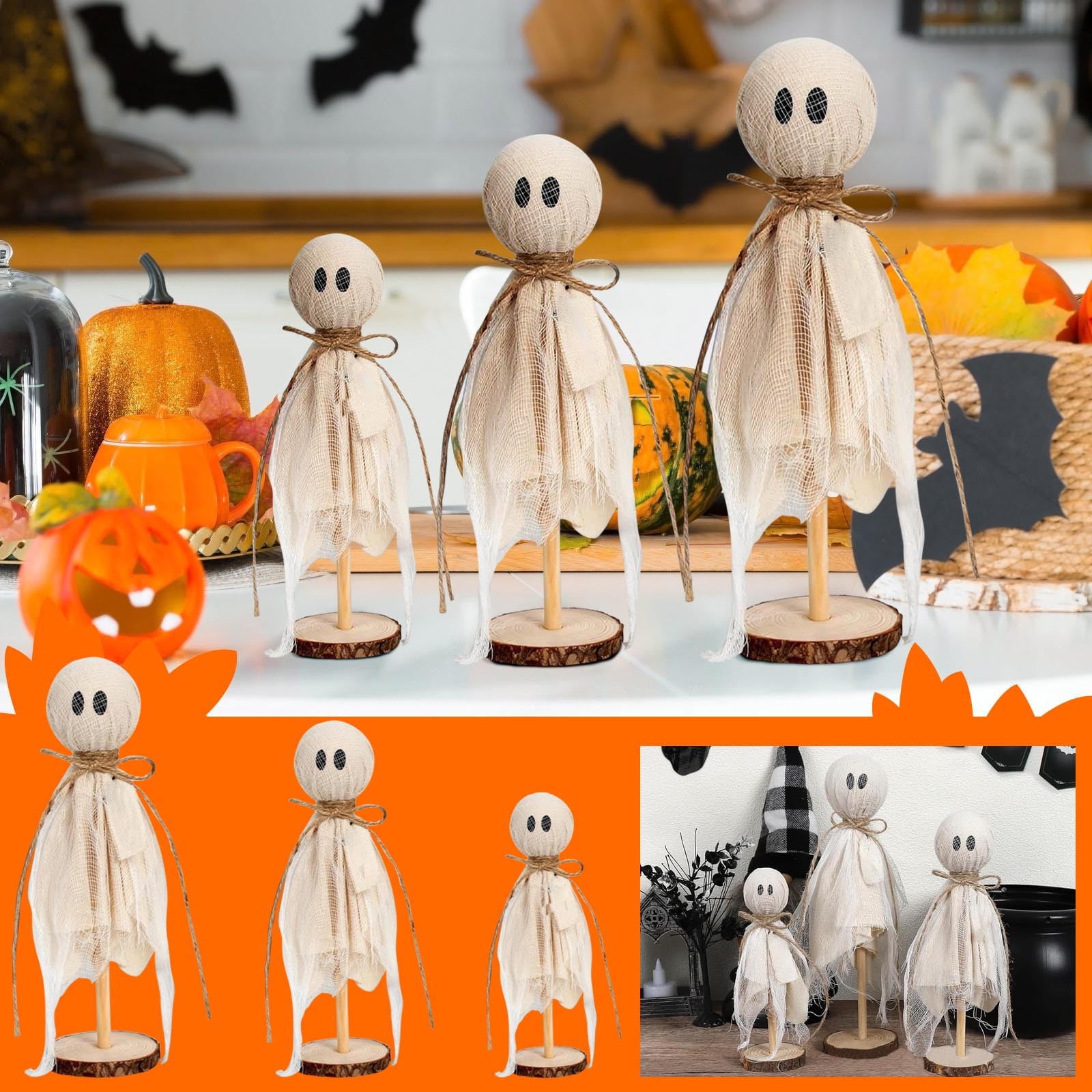 COM1950s Halloween Ghost Ornaments,Wood Decor Set of 3,Cute and Spooky ...