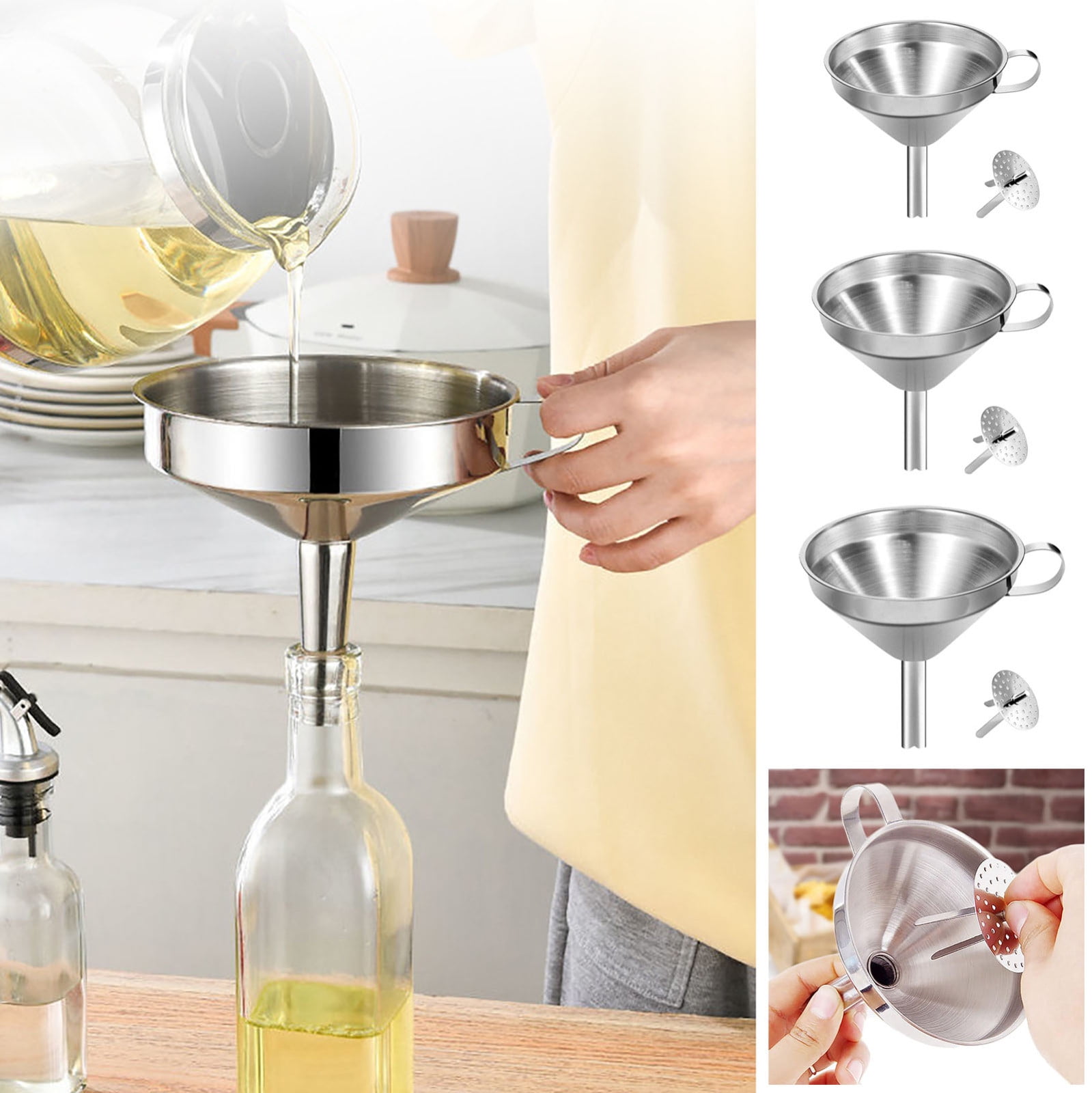 COM1950s Kitchen Funnels Stainless Steel Funnel with Removable Strainer ...