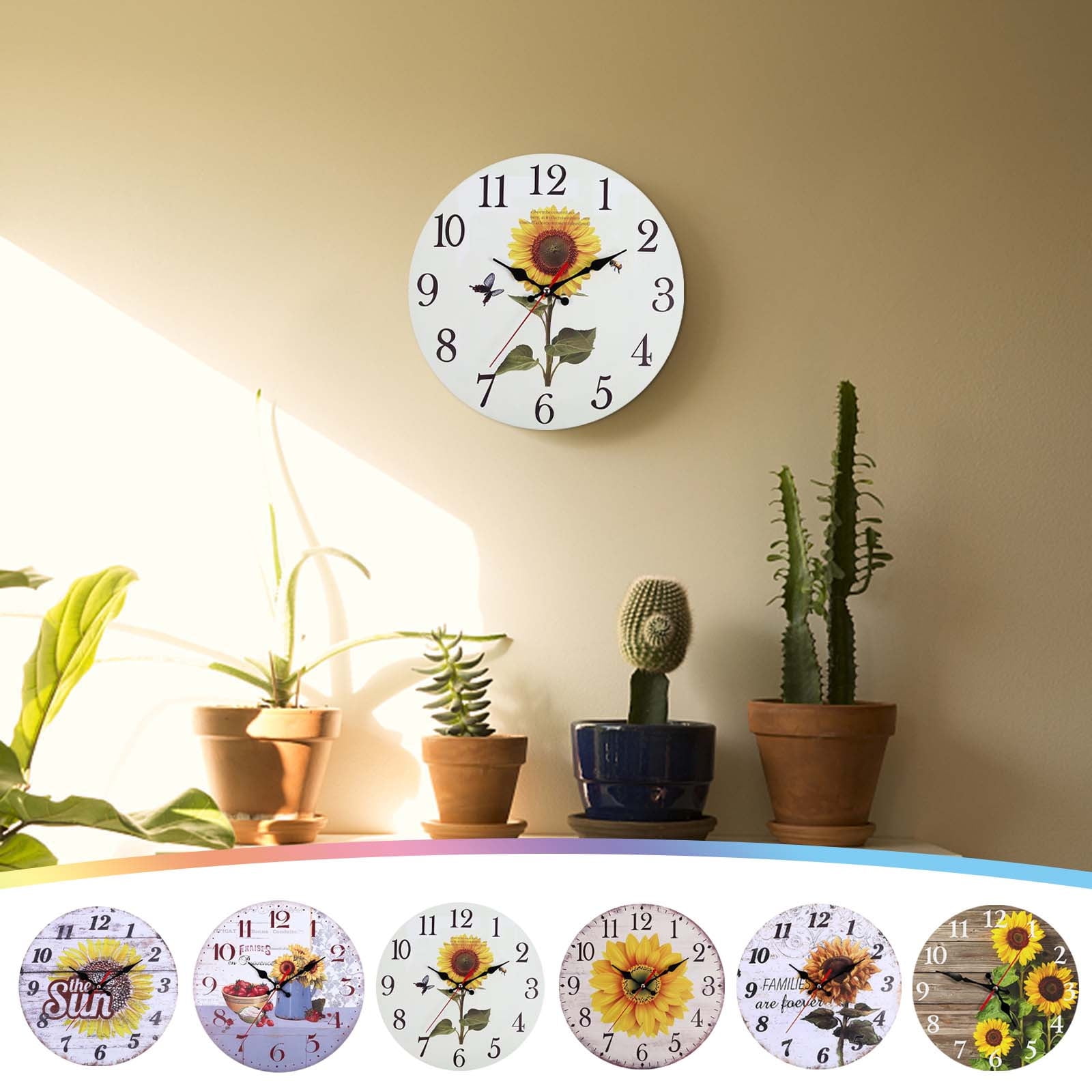 COM1950s Non Ticking Wall Clock Silent Quartz Retro Sunflowers Large ...