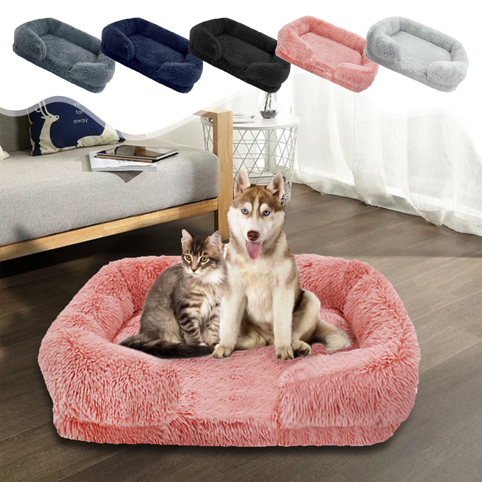 COM1950s Orthopedic Calming Dog Bed Comfy Sofa Style Removable Faux Fur ...
