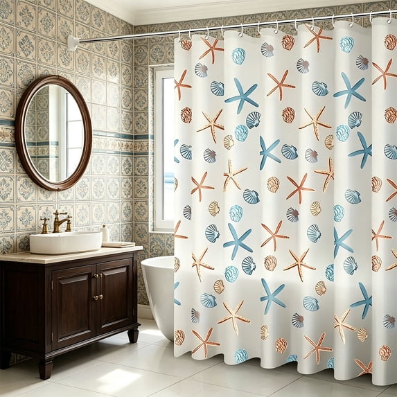 COM1950s PEVA Waterproof Shower Curtain, Starfish Seashell Print ...