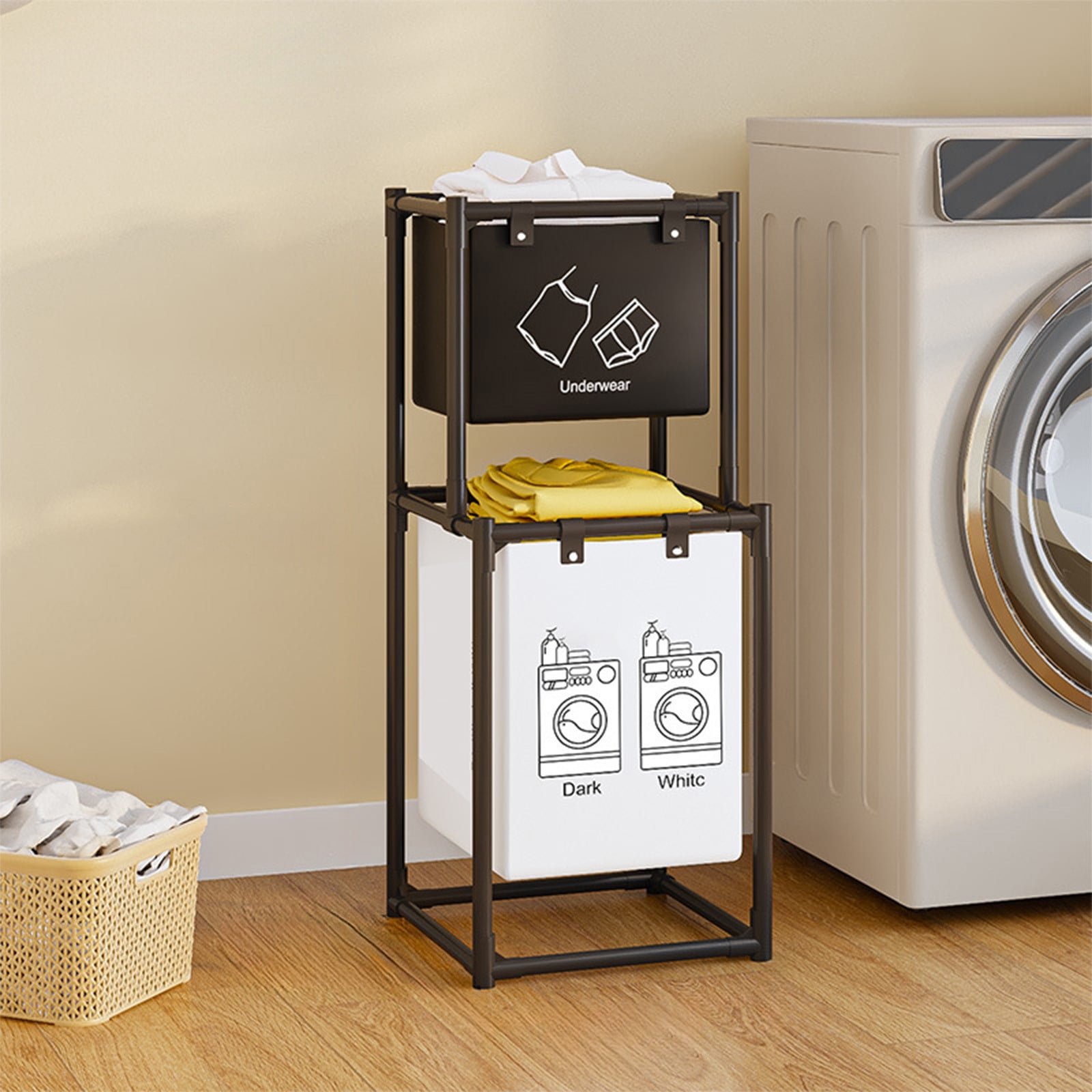 COM1950s Storage Rack with Dirty Clothes Basket,2-Layer Laundry Hamper ...