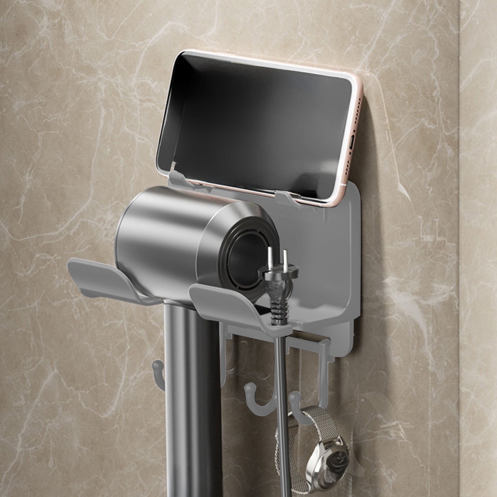 COM1950s Wall Mount Hair Dryer Holder with Phone Stand,No Drill ...