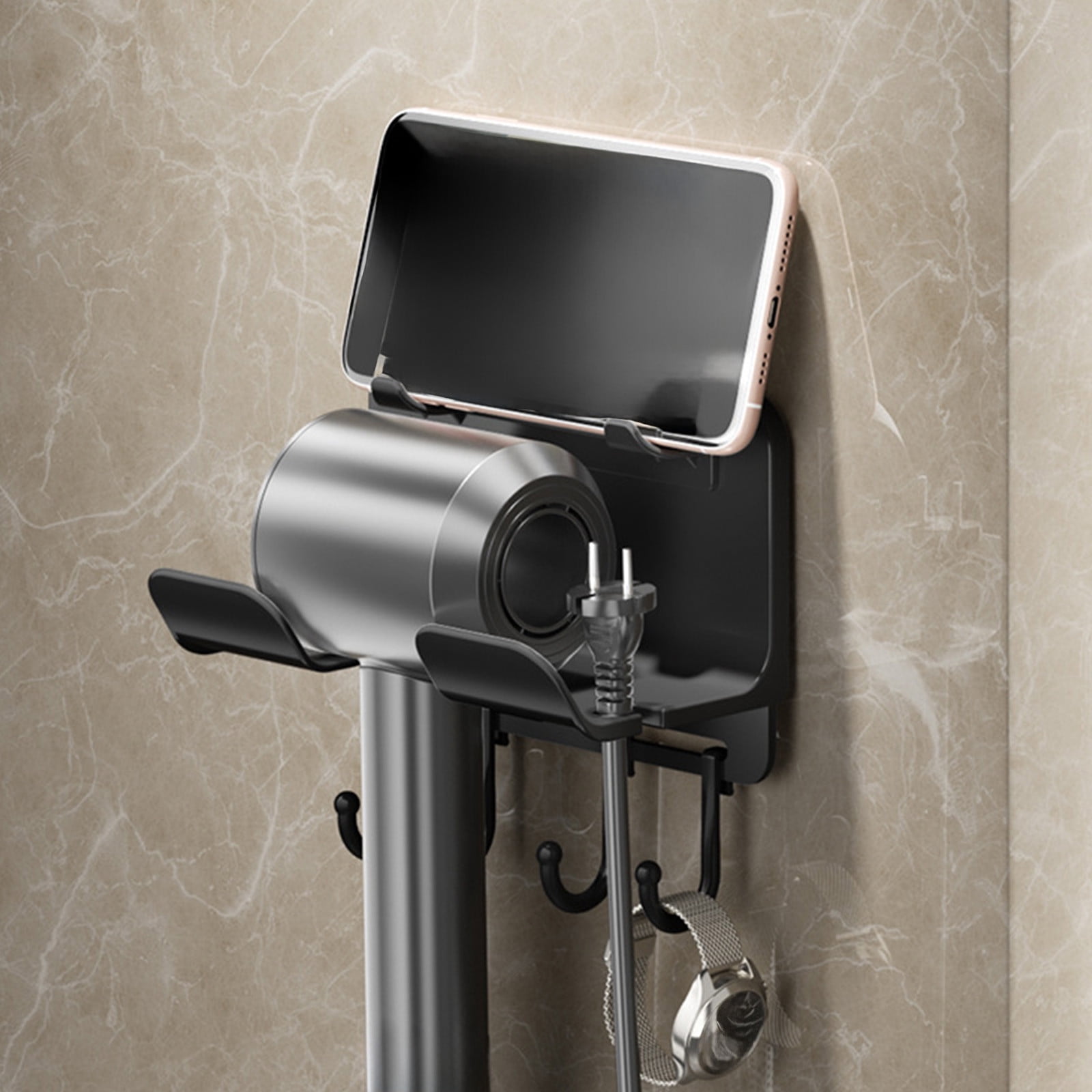 COM1950s Wall Mount Hair Dryer Holder with Phone Stand,No Drill ...