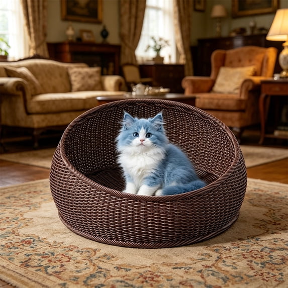 COM1950s Wicker Cat Bed, Rattan Cat House Basket for Indoor Cats and ...