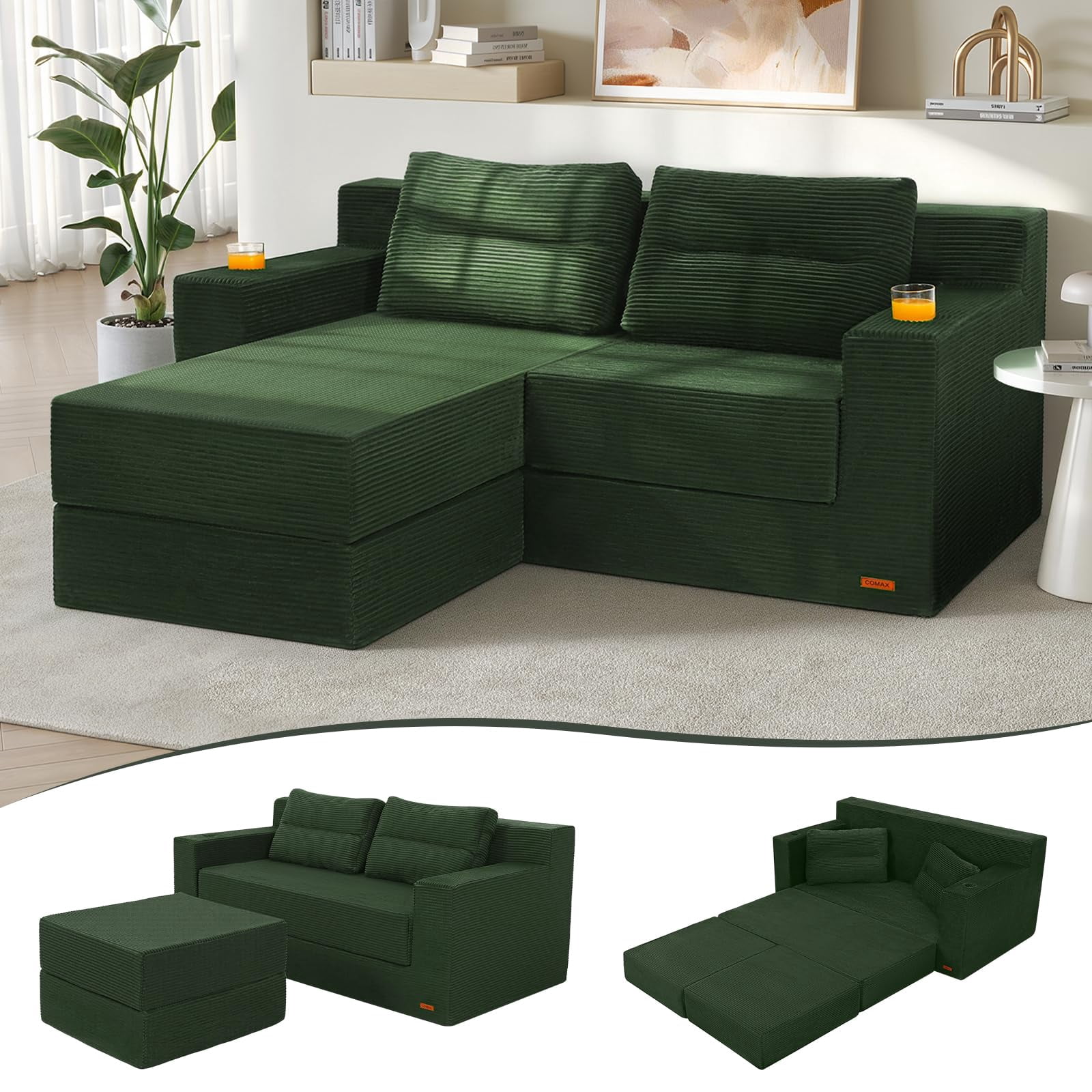 COMAX Futon Sofa Bed, 67" L-Shape Boneless Loveseat Couch with Movable ...