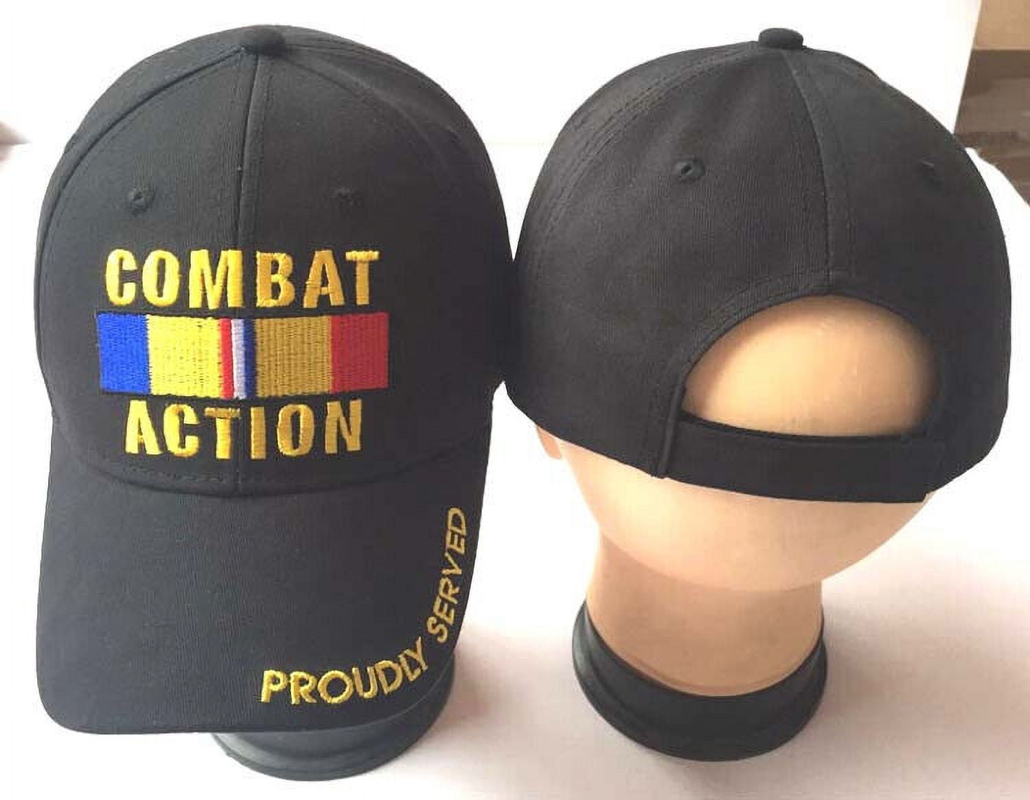 COMBAT ACTION PROUDLY SERVED MILITARY RIBBON Adjustable BLACK Cap HAT ...