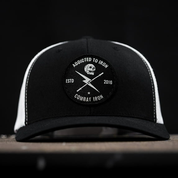 COMBAT IRON APPAREL™ ADDICTED TO IRON MESH SNAPBACK HAT BLACK / WHITE ...