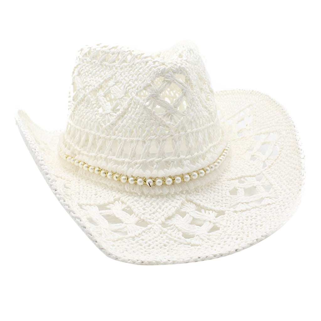COMEET cowboy hat, Hollow Out Hat for Women Pearls Cowgirl Straw Hat ...
