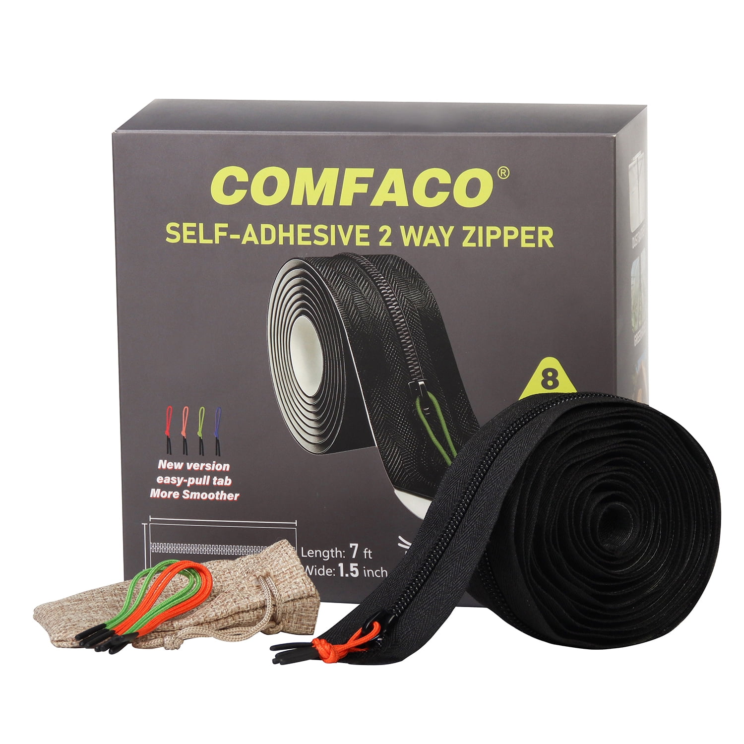 COMFACO 8-Pack Self-Adhesive Zippers with 4 Colored Pull Tabs, 7 Ft x 1 ...