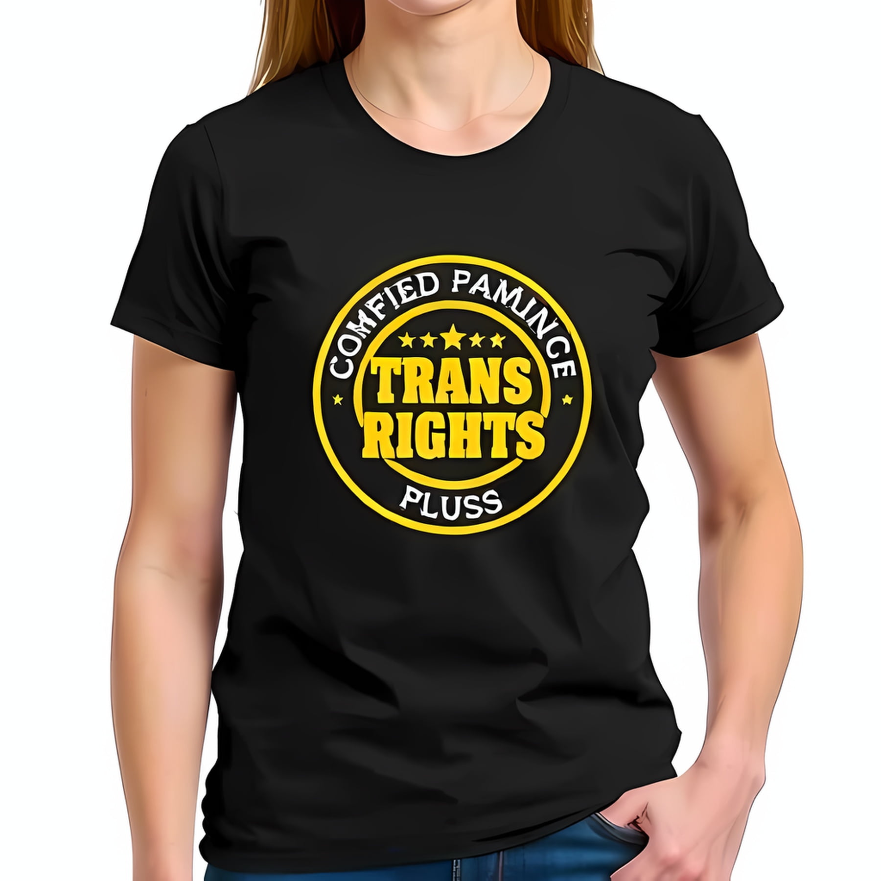 COMFIFI PAMINCE Trans Rights T-Shirt Black Tee with Yellow & Stars ...