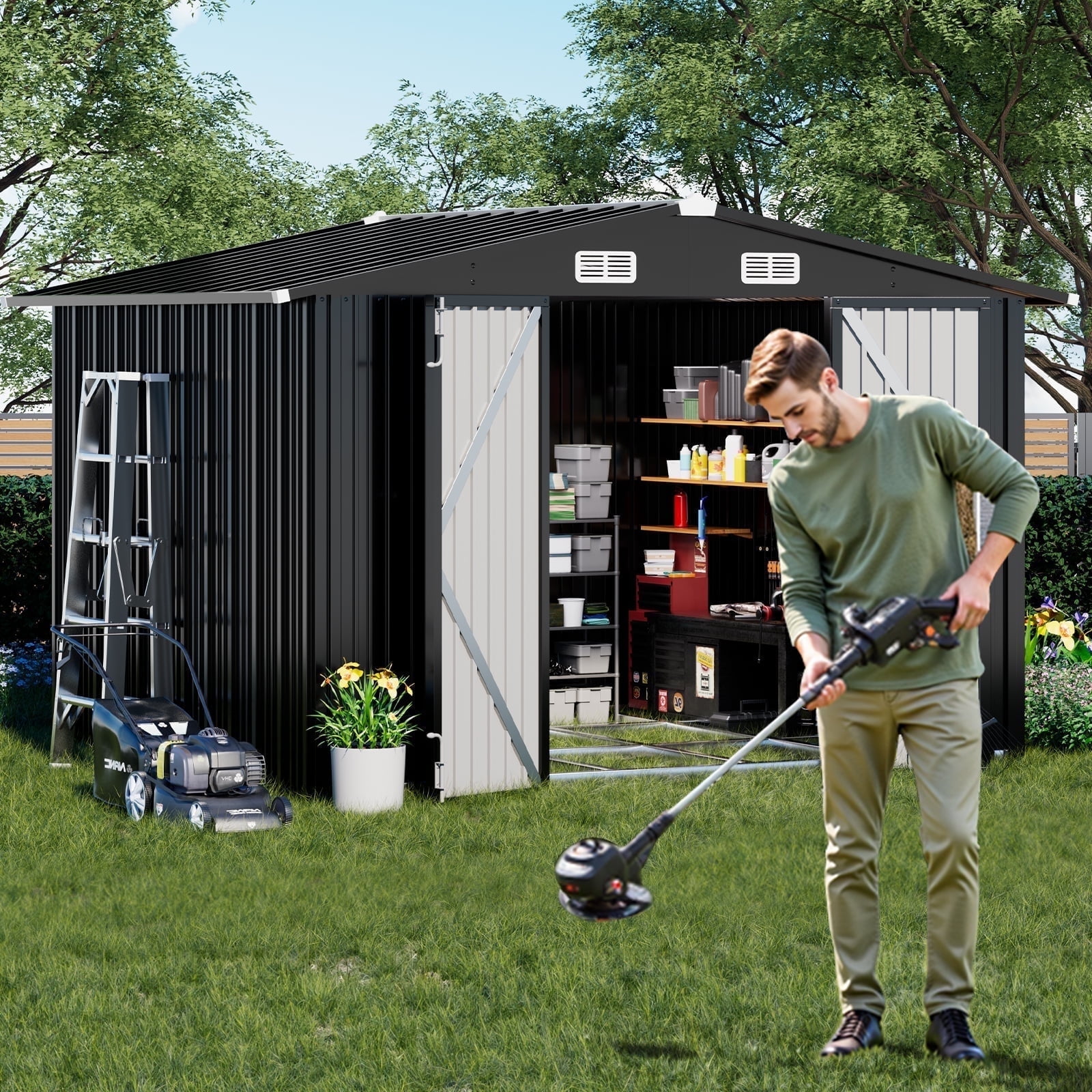 COMHOMA 10 x 8 ft. Shed with Base Outdoor Storage Metal Shed with ...