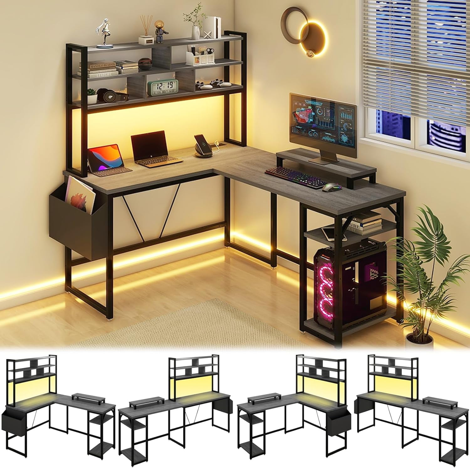 "COMHOMA 59"" L Shaped Desk with LED Lights and USB Ports, Reversible ...