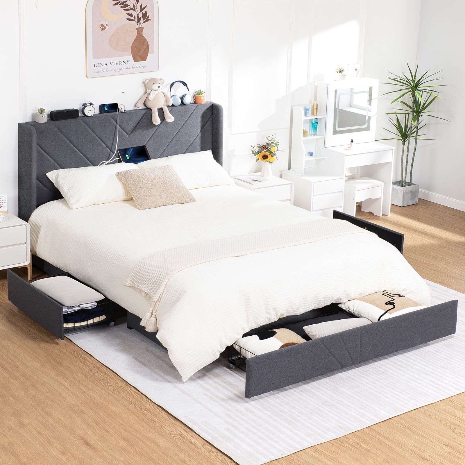 COMHOMA Bed Frame King Size with Type-C & USB, Bed Frame with 3 Storage ...