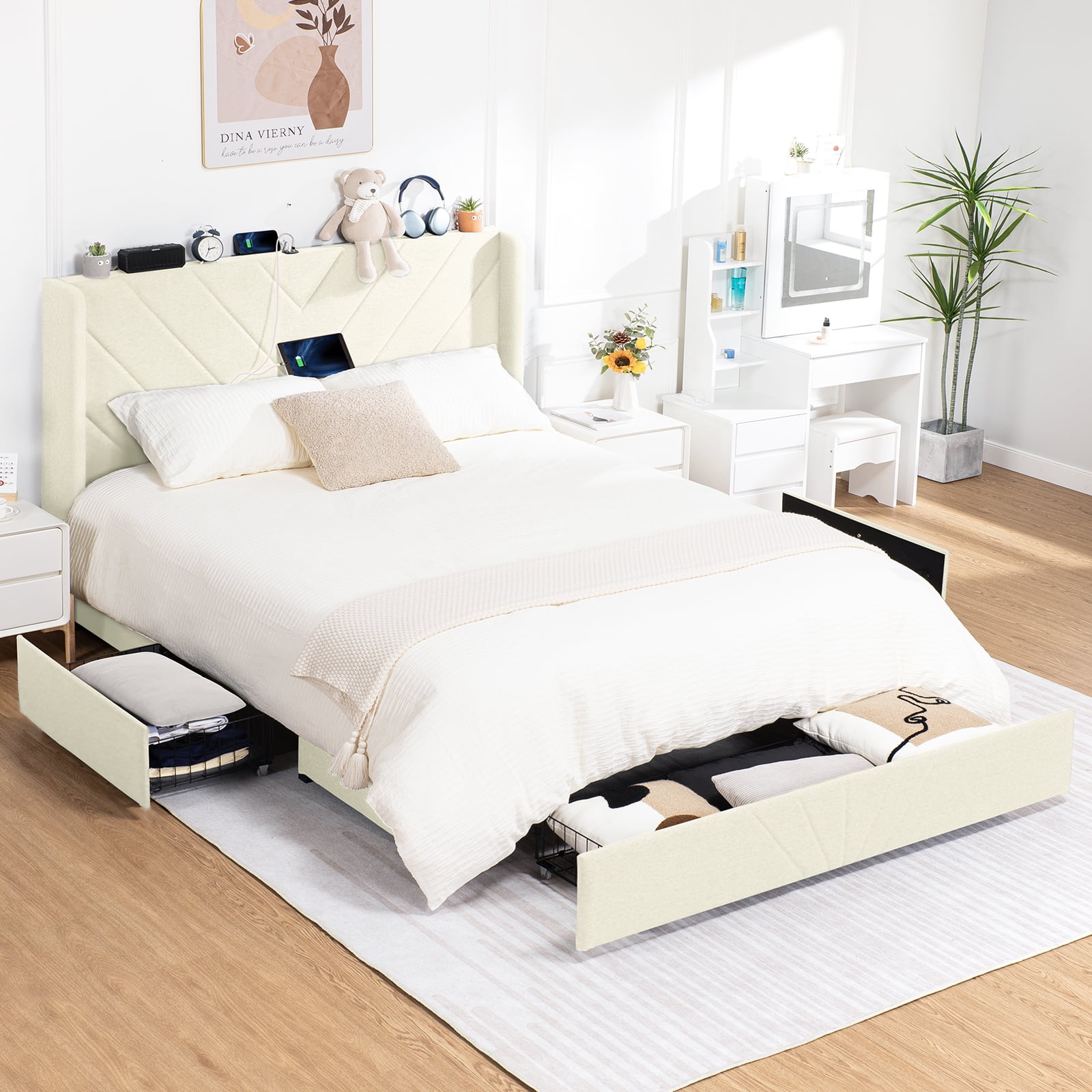 COMHOMA Upholstered Wingback King Platform Bed with Storage Drawers and ...